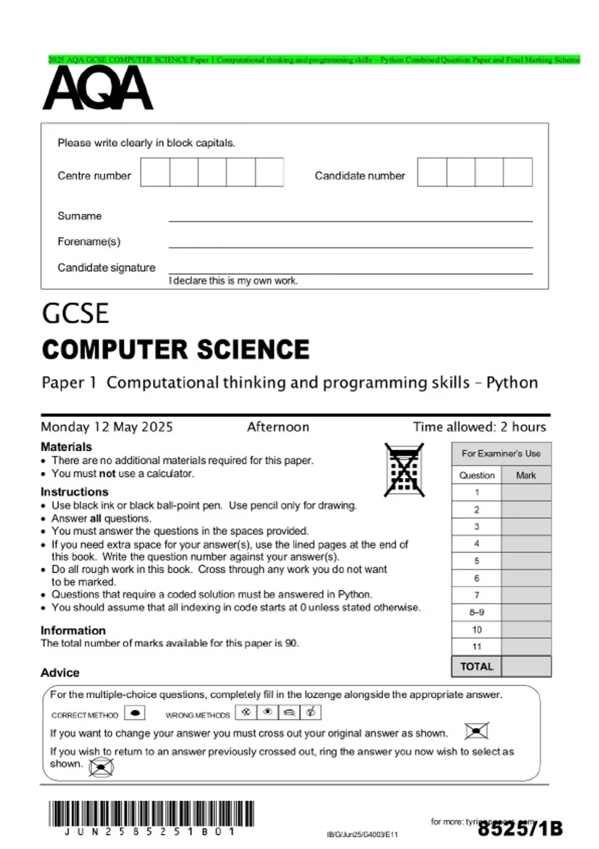 2025 AQA GCSE COMPUTER SCIENCE Paper 1 Computational thinking and ...