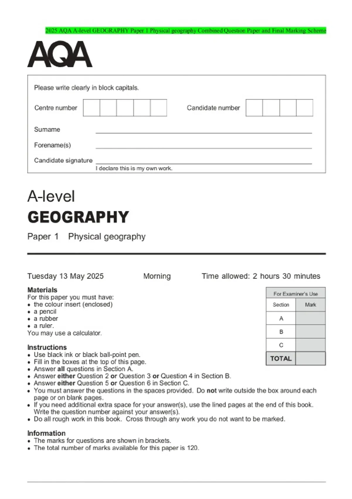 2025 AQA A-level GEOGRAPHY Paper 1 Physical geography Combined Question ...