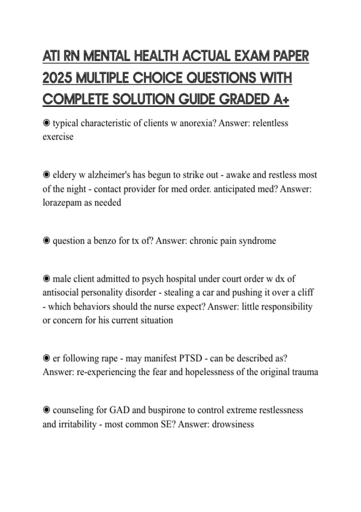 ATI RN MENTAL HEALTH ACTUAL EXAM PAPER 2025 MULTIPLE CHOICE QUESTIONS ...