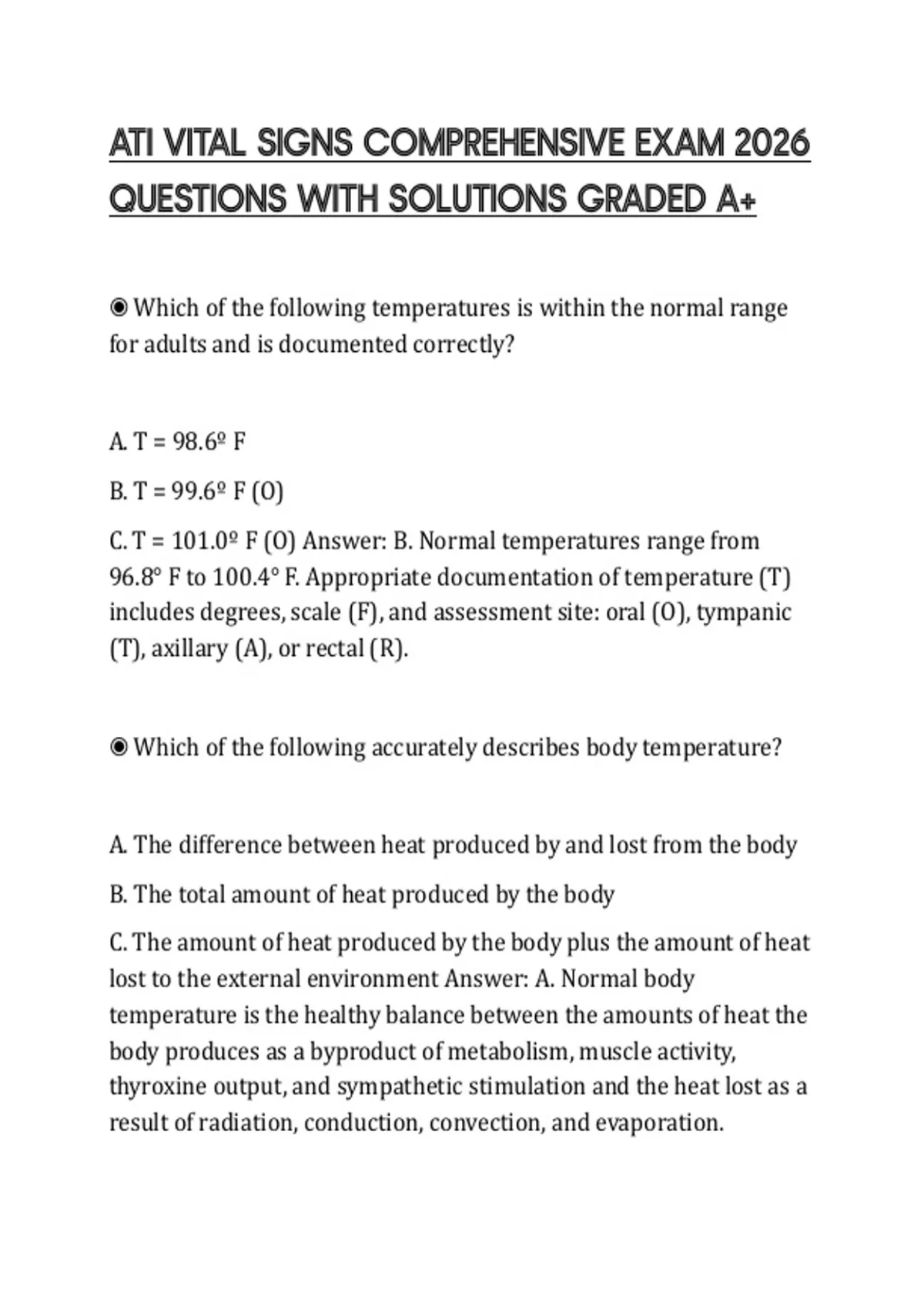 ATI VITAL SIGNS COMPREHENSIVE EXAM 2026 QUESTIONS WITH SOLUTIONS GRADED ...