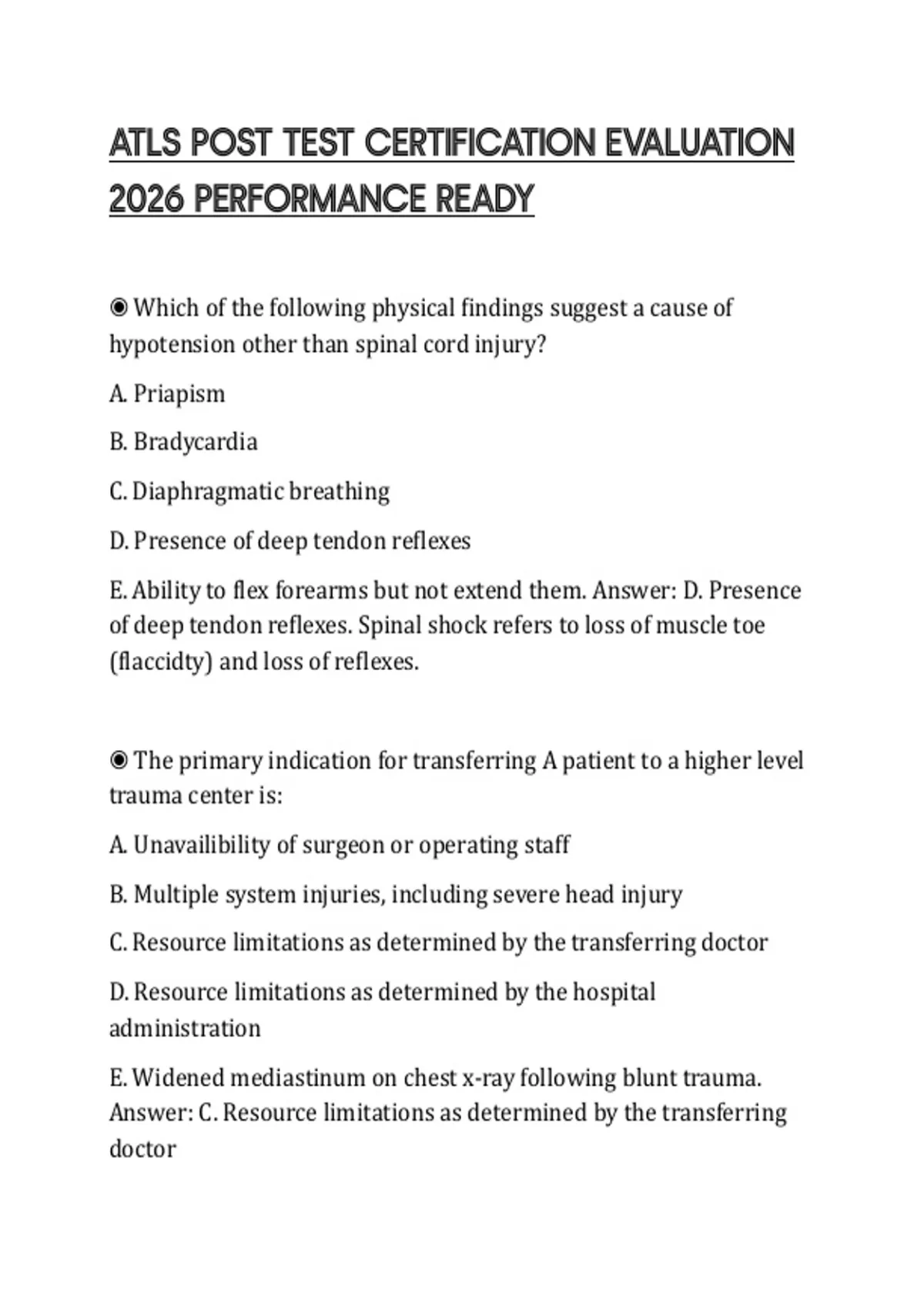 ATLS POST TEST CERTIFICATION EVALUATION 2026 PERFORMANCE READY - ATLS ...