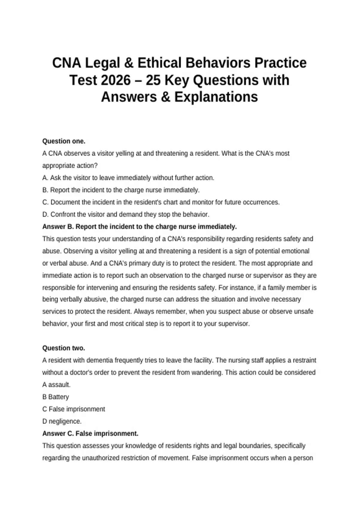 CNA Legal & Ethical Behaviors Practice Test 2026 – 25 Key Questions ...