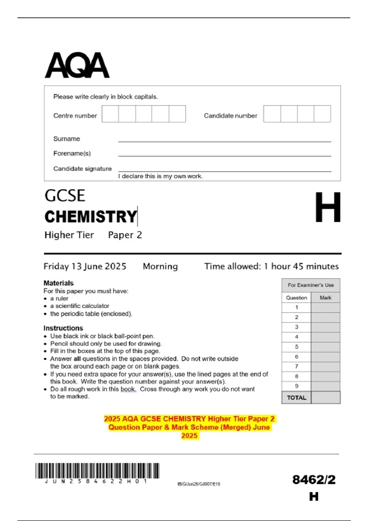 2025 AQA GCSE CHEMISTRY Higher Tier Paper 2 Question Paper & Mark ...