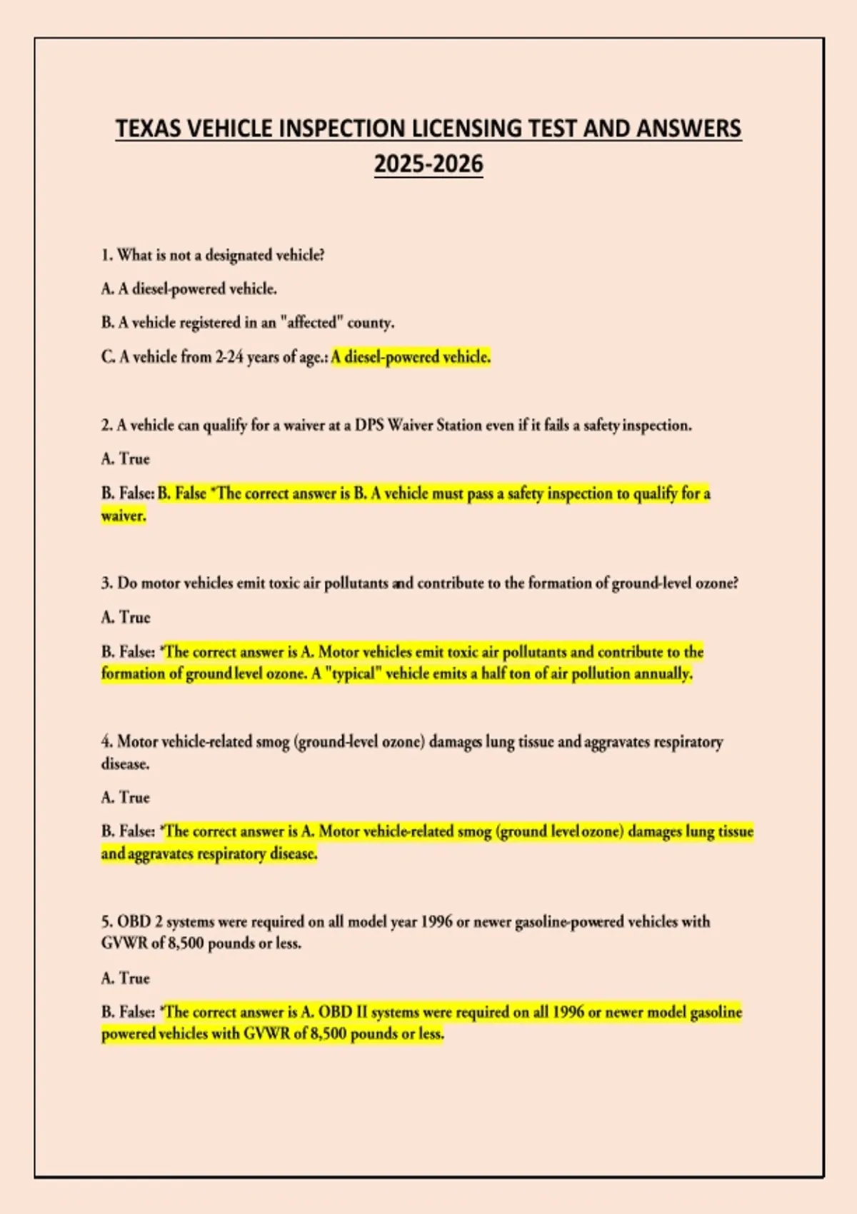 TEXAS VEHICLE INSPECTION LICENSING TEST AND ANSWERS - VEHICLE ...