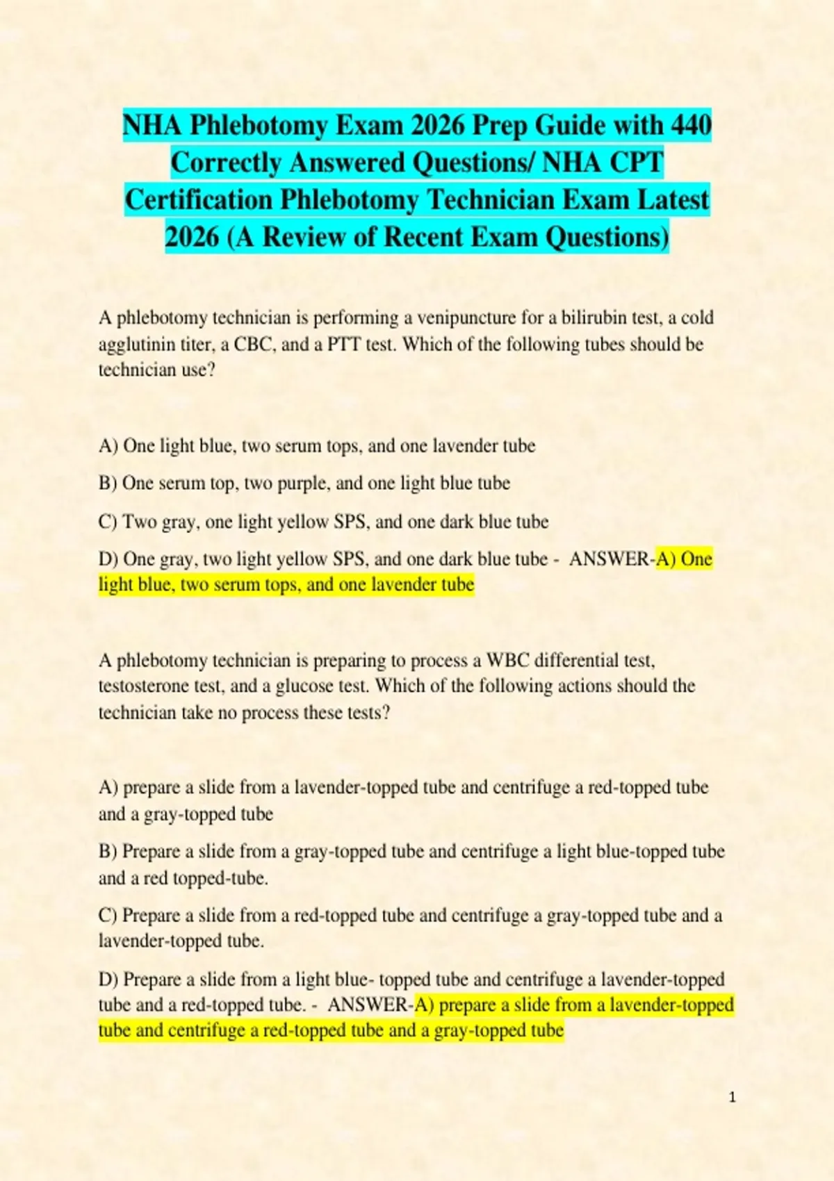 NHA Phlebotomy Exam 2026 Prep Guide with 440 Correctly Answered ...