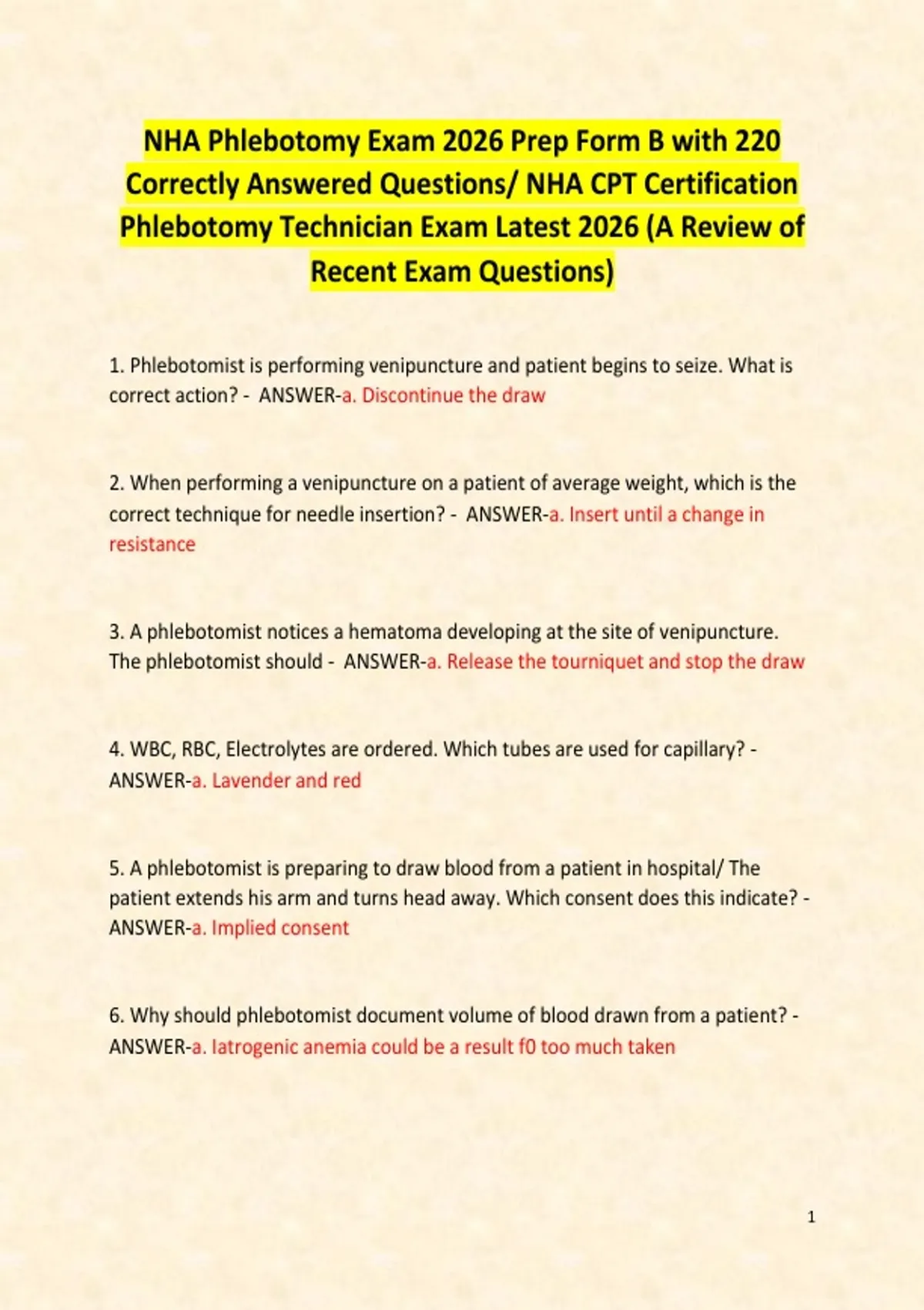 NHA Phlebotomy Exam 2026 Prep Form B with 220 Correctly Answered ...