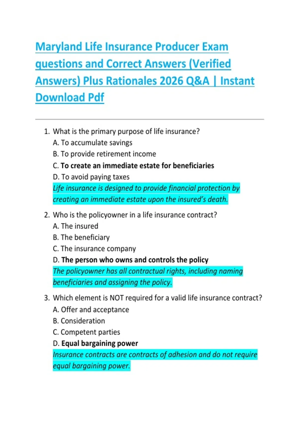 Maryland Life Insurance Producer Exam questions and Correct Answers ...