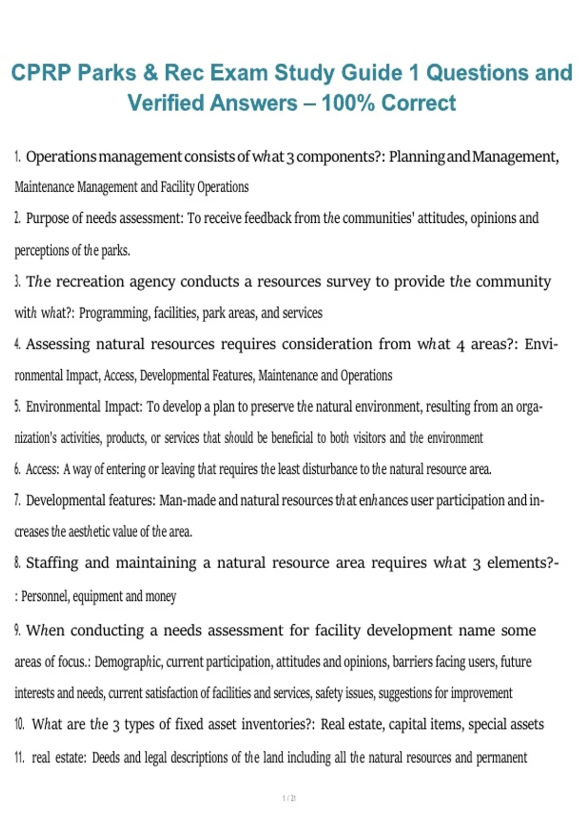 CPRP Parks & Rec Exam Study Guide – Questions with Verified 100% ...