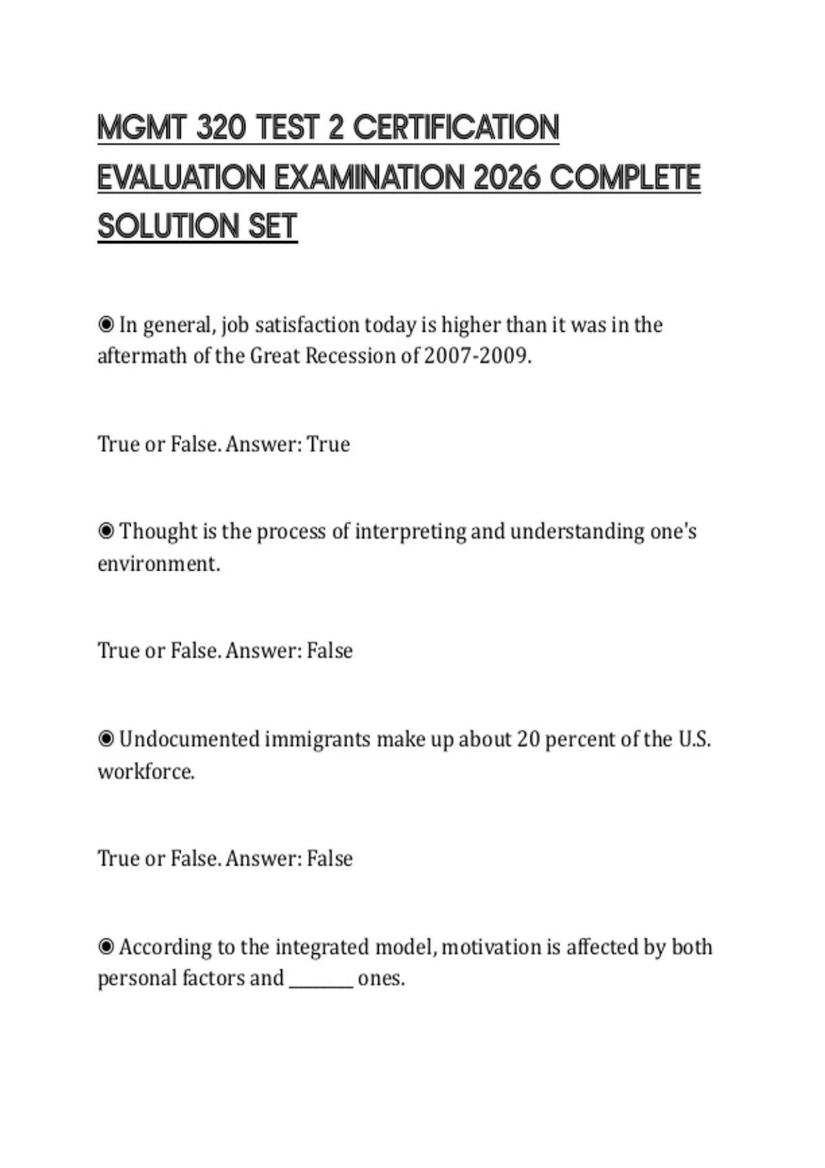 MGMT 320 TEST 2 CERTIFICATION EVALUATION EXAMINATION 2026 COMPLETE ...