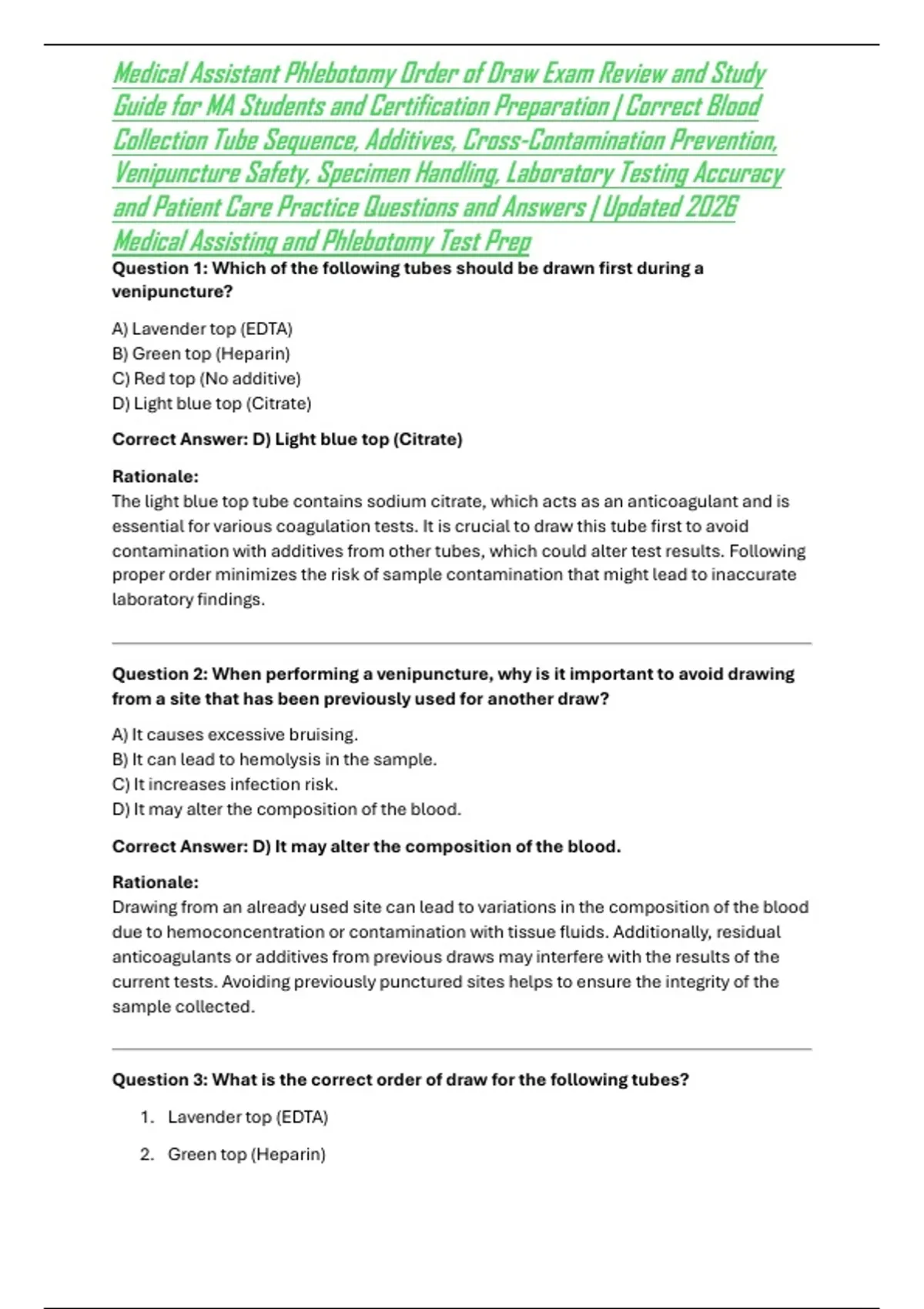Medical Assistant Phlebotomy Order of Draw Exam Review and Study Guide ...