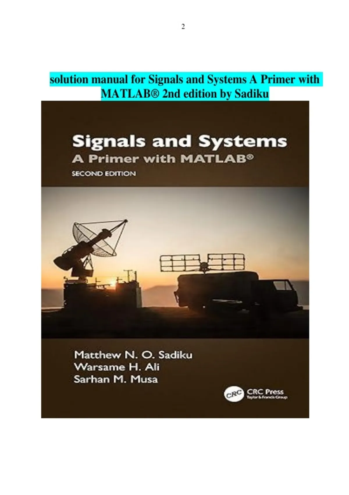 Signals and Systems: A Primer with MATLAB® (2nd Edition) by Matthew N ...