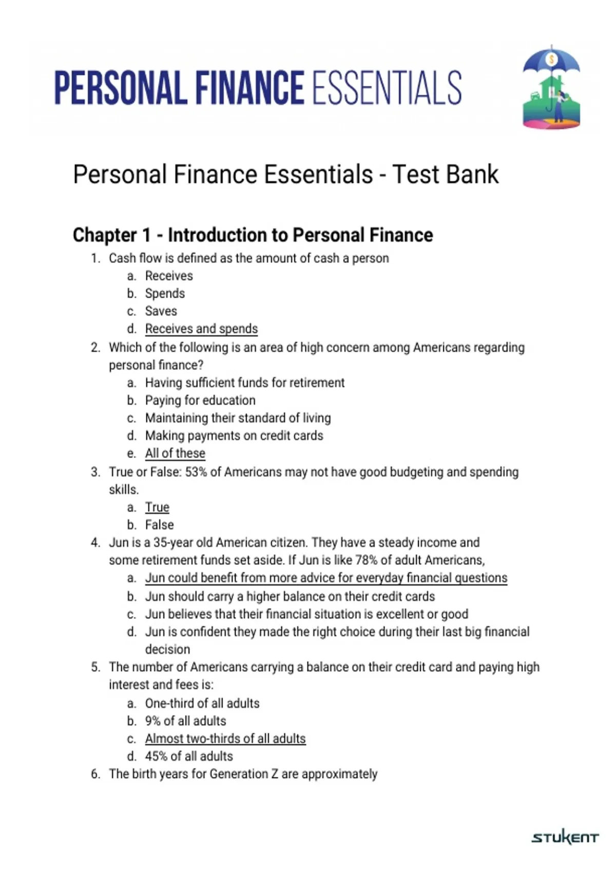 practice test bank questions, final exam : Personal Finance Essentials ...