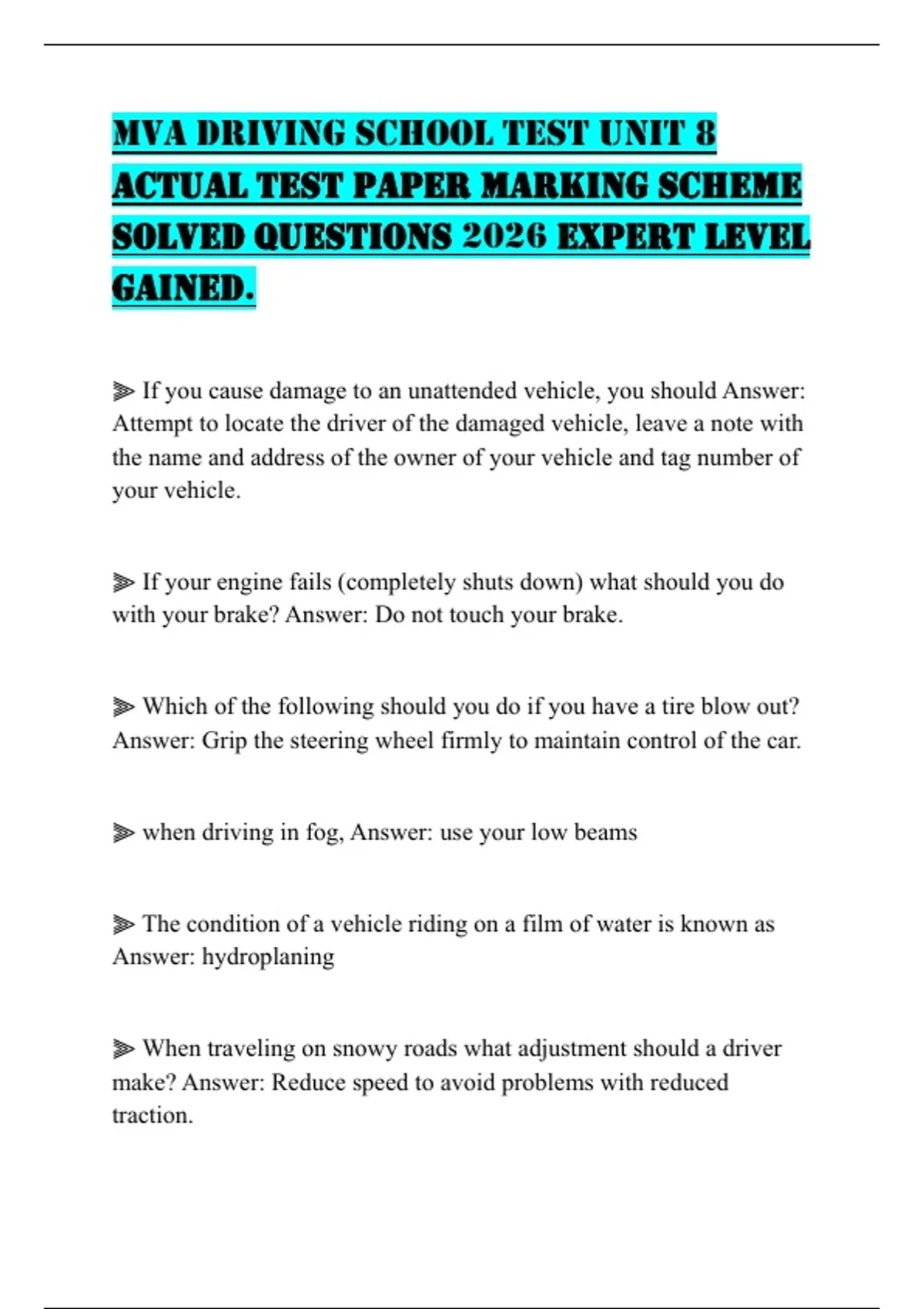 MVA DRIVING SCHOOL TEST UNIT 8 ACTUAL TEST PAPER MARKING SCHEME SOLVED ...