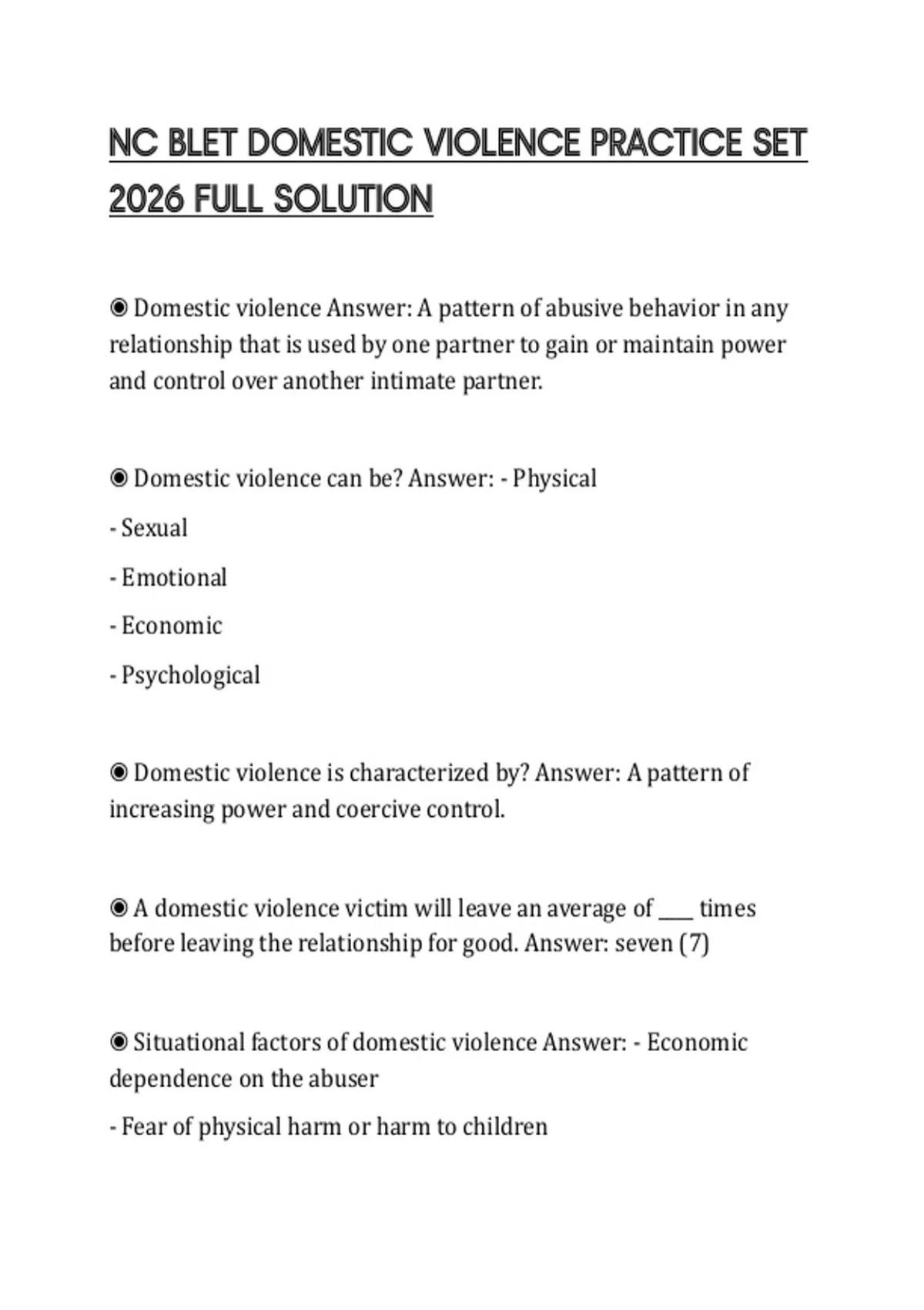 NC BLET DOMESTIC VIOLENCE PRACTICE SET 2026 FULL SOLUTION - NC BLET ...