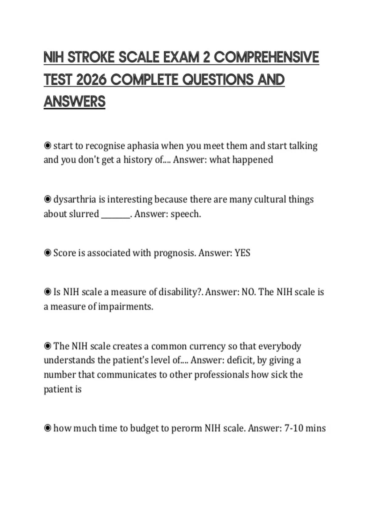 NIH STROKE SCALE EXAM 2 COMPREHENSIVE TEST 2026 COMPLETE QUESTIONS AND ...