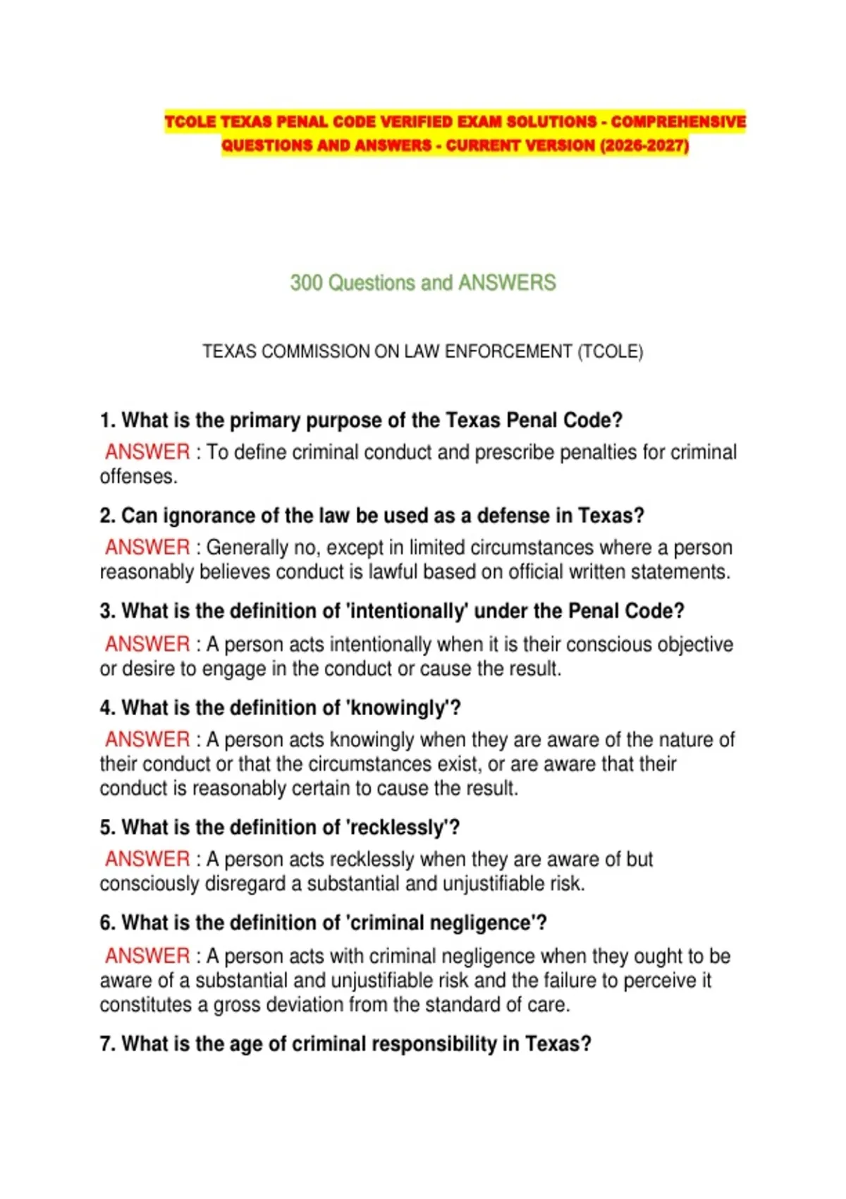 TCOLE TEXAS PENAL CODE VERIFIED EXAM SOLUTIONS - COMPREHENSIVE ...