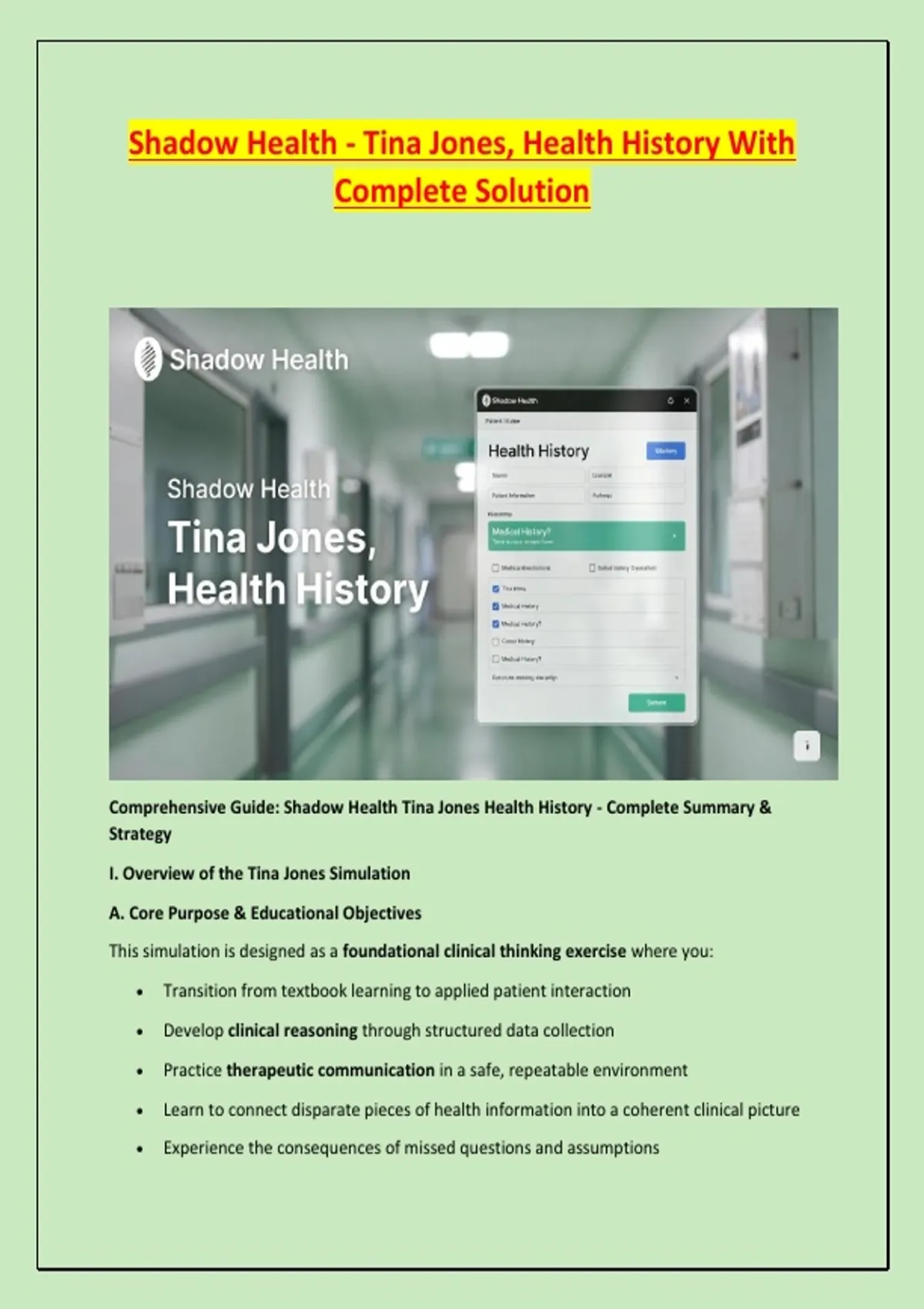 Summary Shadow Health - Tina Jones, Health History With Complete ...