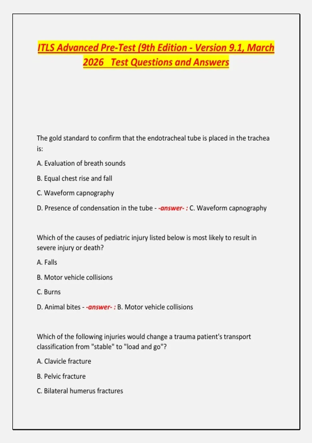 ITLS Advanced Pre-Test (9th Edition - Version 9.1, March 2026 Test ...