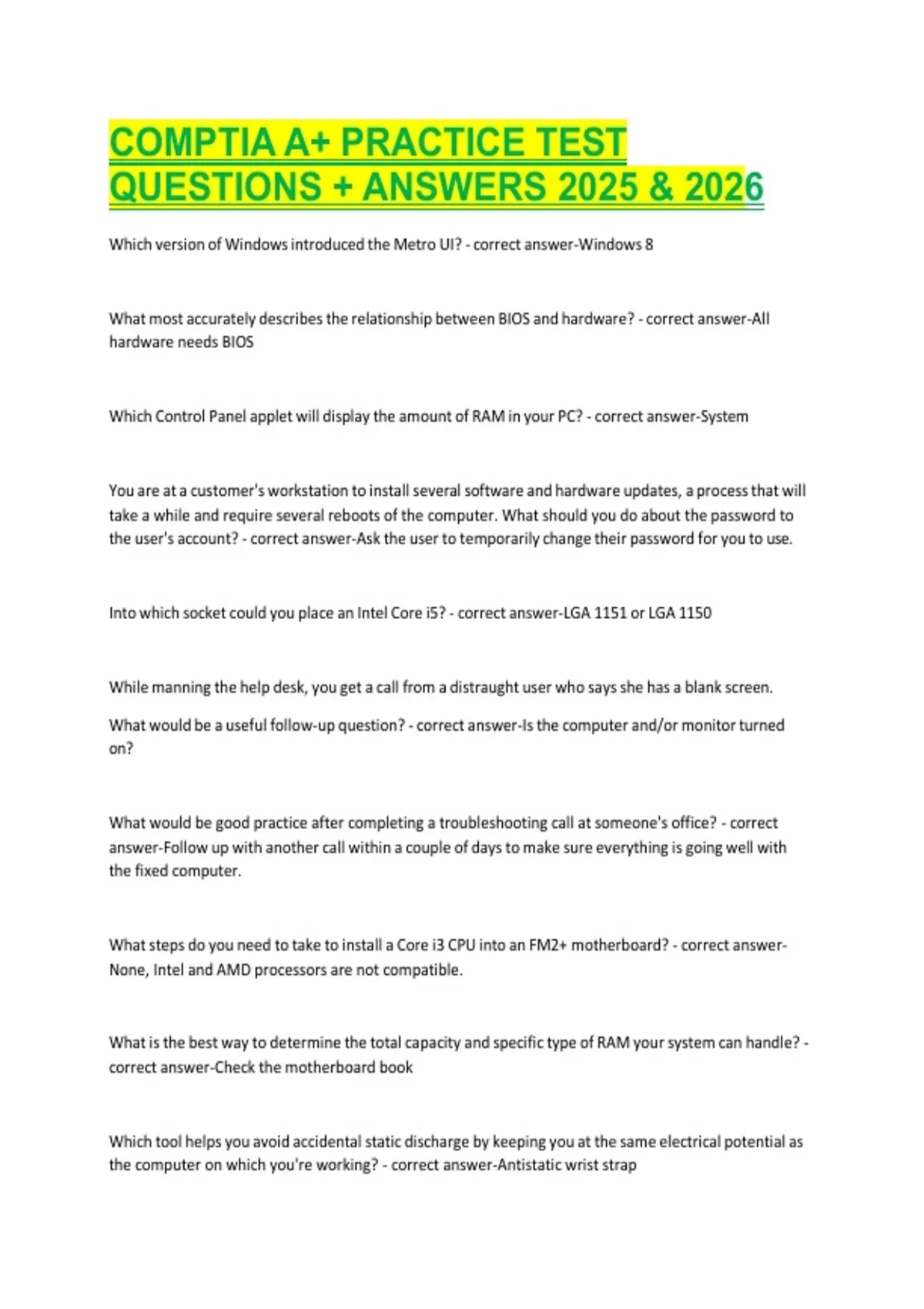 COMPTIA A+ PRACTICE TEST QUESTIONS + ANSWERS 2025 & 2026 - COMPTIA A+ ...