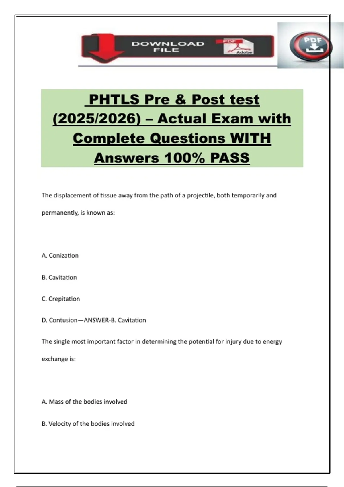 PHTLS Pre & Post test (2025/2026) – Actual Exam with Complete Questions ...