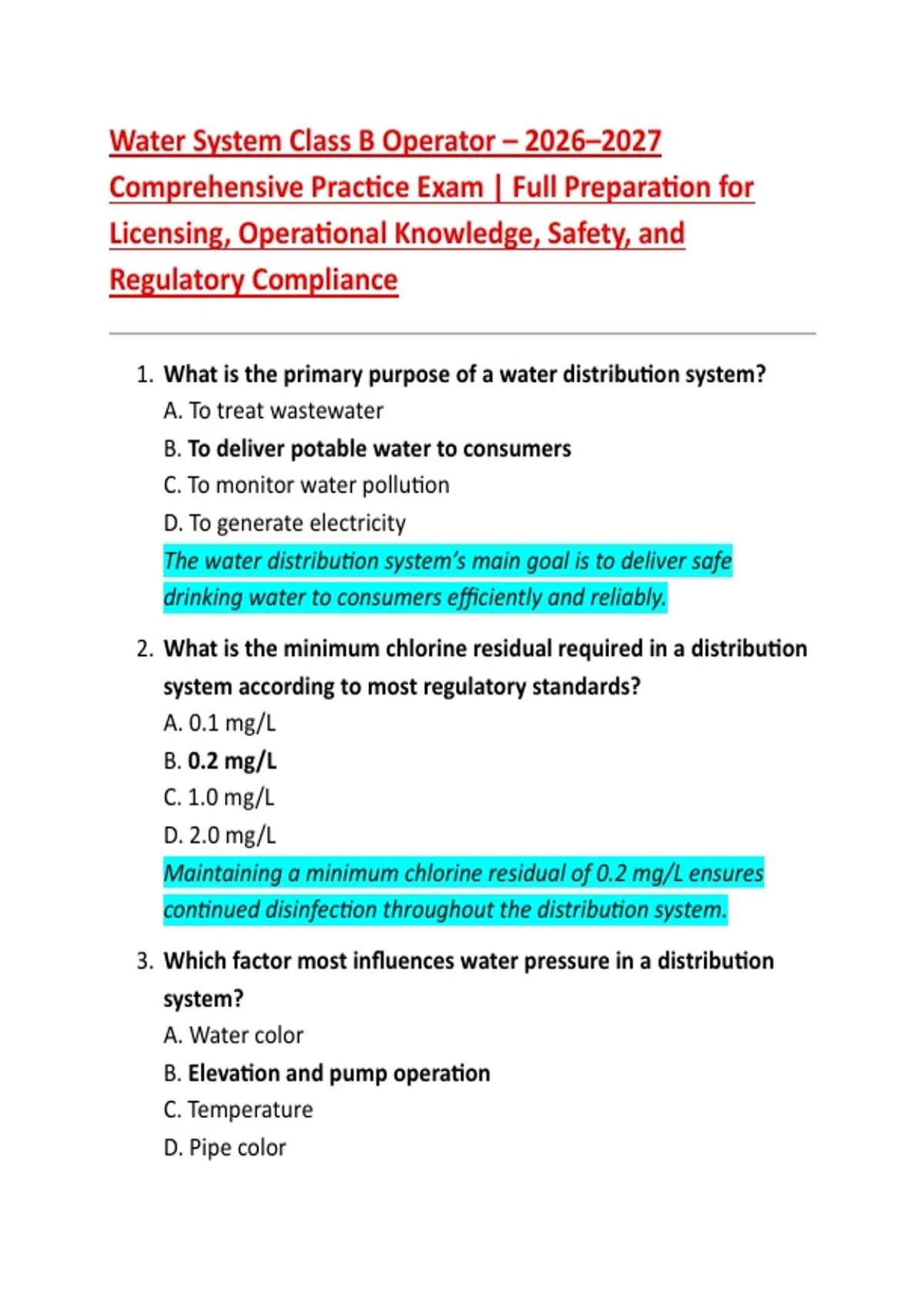 Water System Class B Operator – 2026–2027 Comprehensive Practice Exam ...
