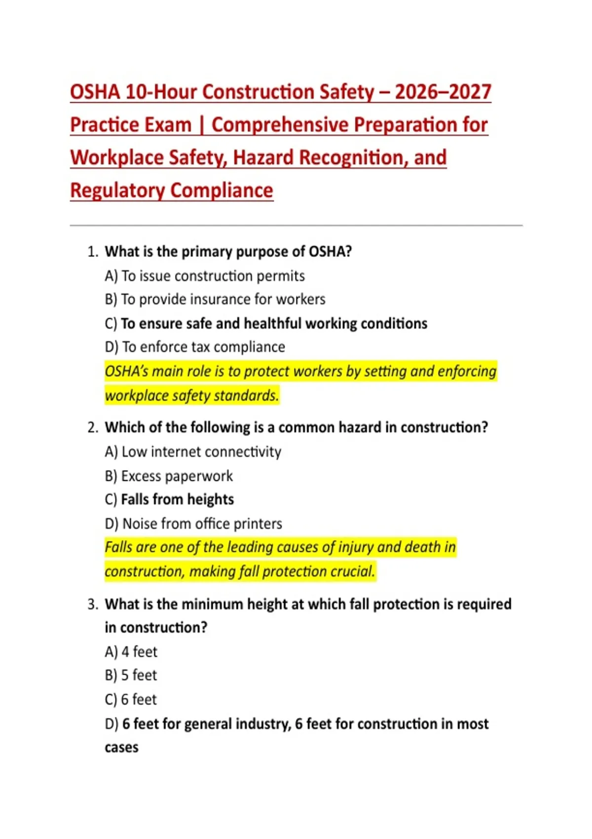 OSHA 10-Hour Construction Safety – 2026–2027 Practice Exam ...
