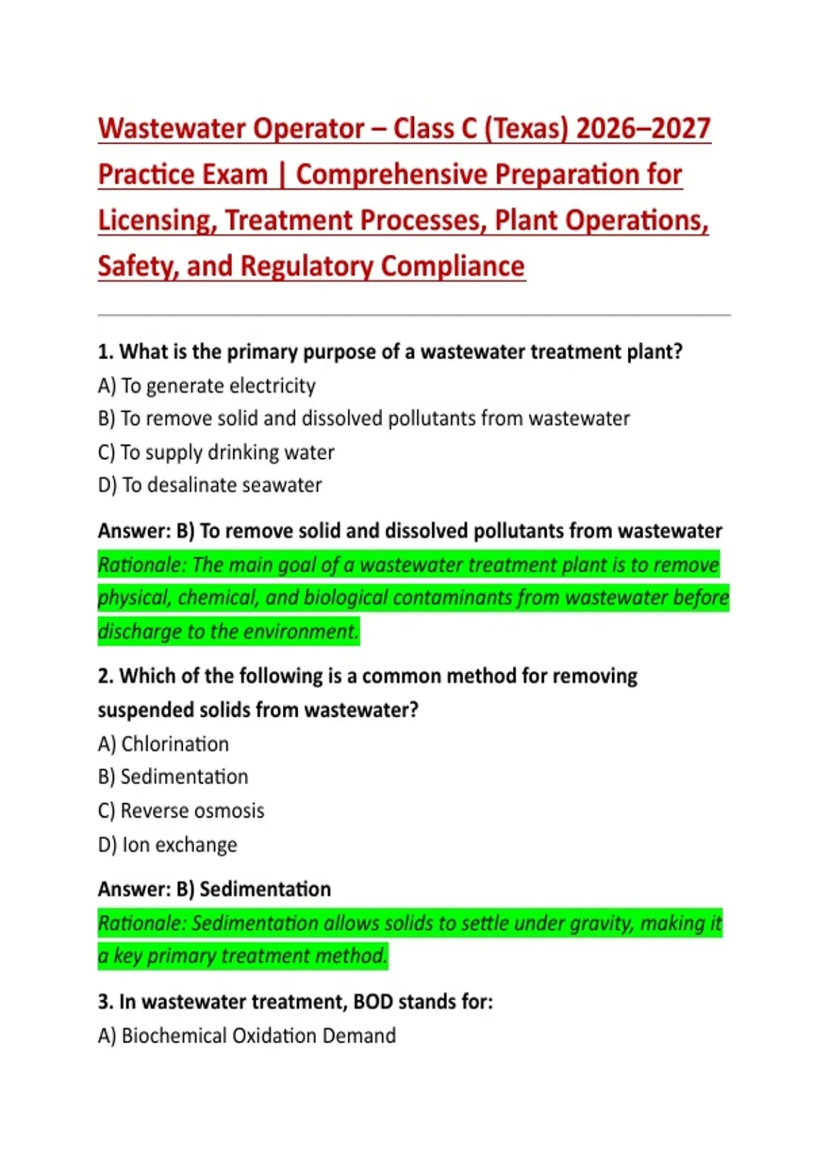 Wastewater Operator – Class C (Texas) 2026–2027 Practice Exam ...
