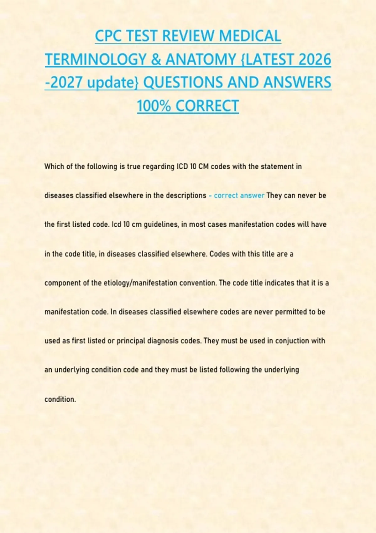 CPC TEST REVIEW MEDICAL TERMINOLOGY & ANATOMY {LATEST update} QUESTIONS ...