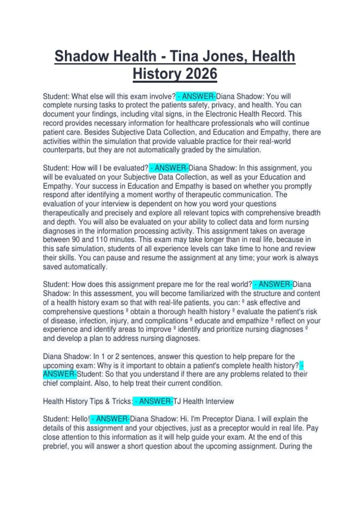 Shadow Health - Tina Jones, Health History 2026 - SHADOW HEALTH - Stuvia US