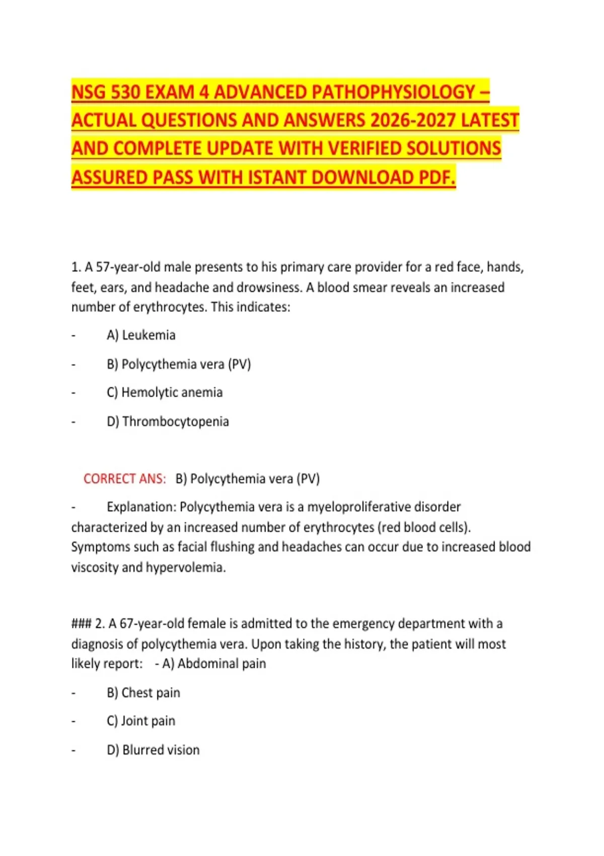 NSG 530 Exam 4 Advanced Pathophysiology | Chamberlain University | 2026 ...