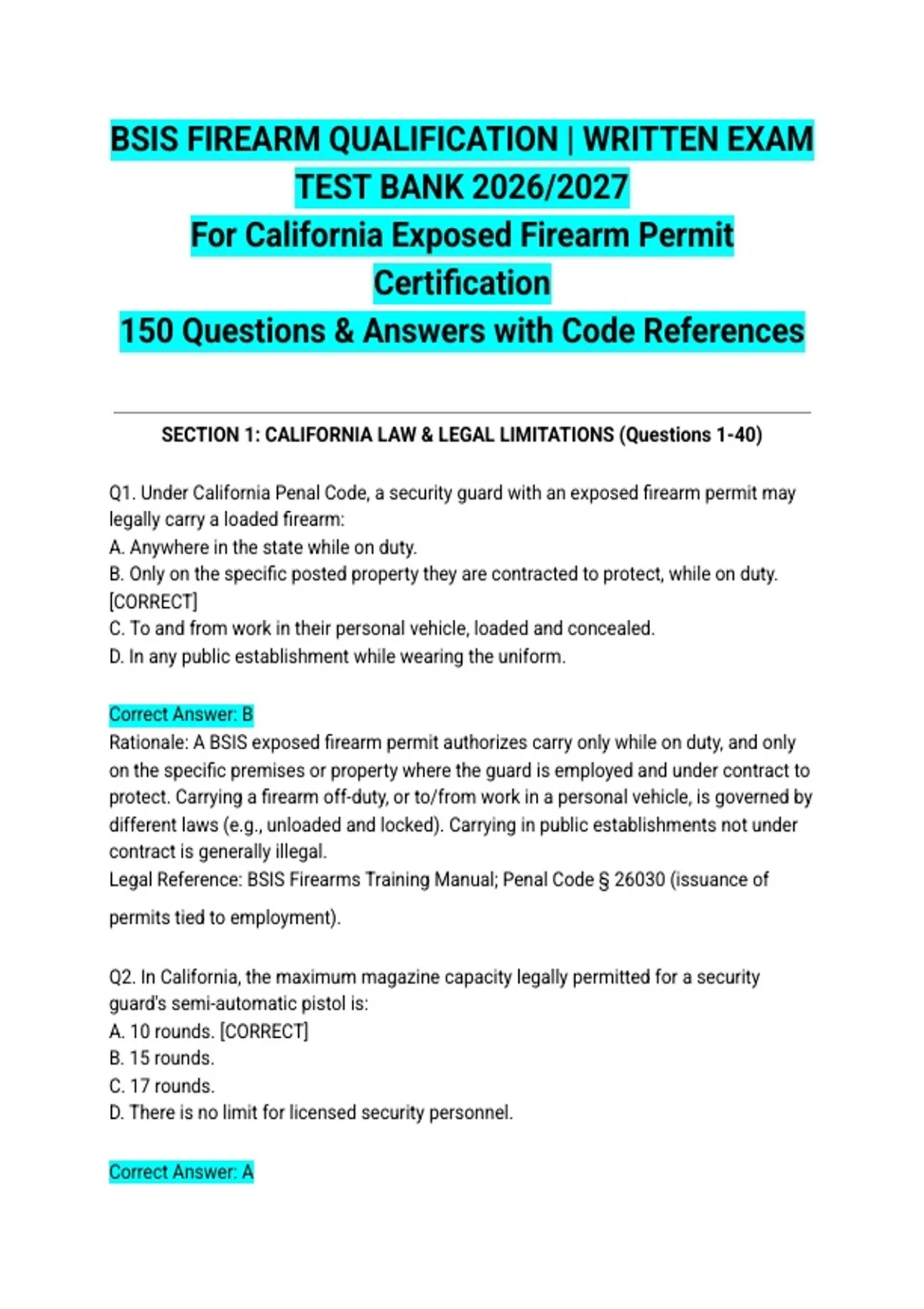 BSIS Firearm Qualification Written Exam Test Bank 2026/2027 | For ...