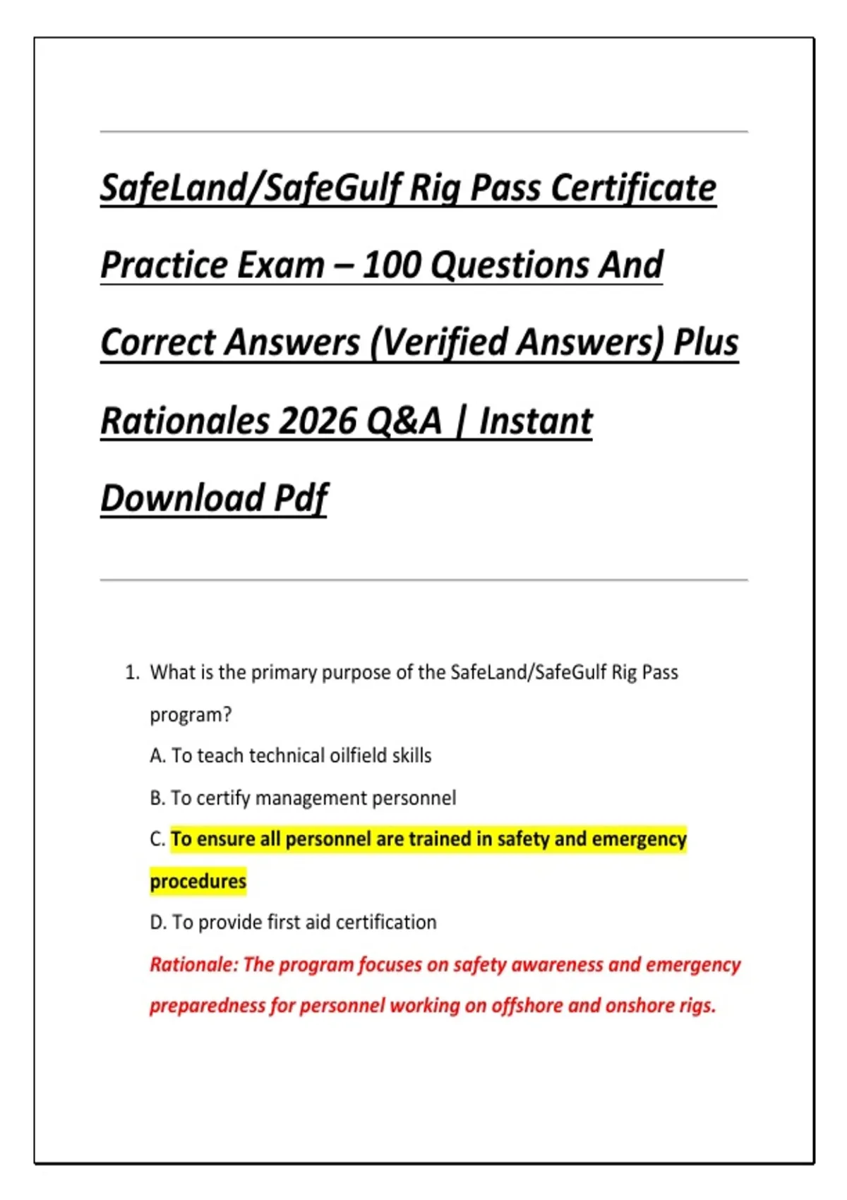SafeLand/SafeGulf Rig Pass Certificate Practice Exam – 100 Questions ...