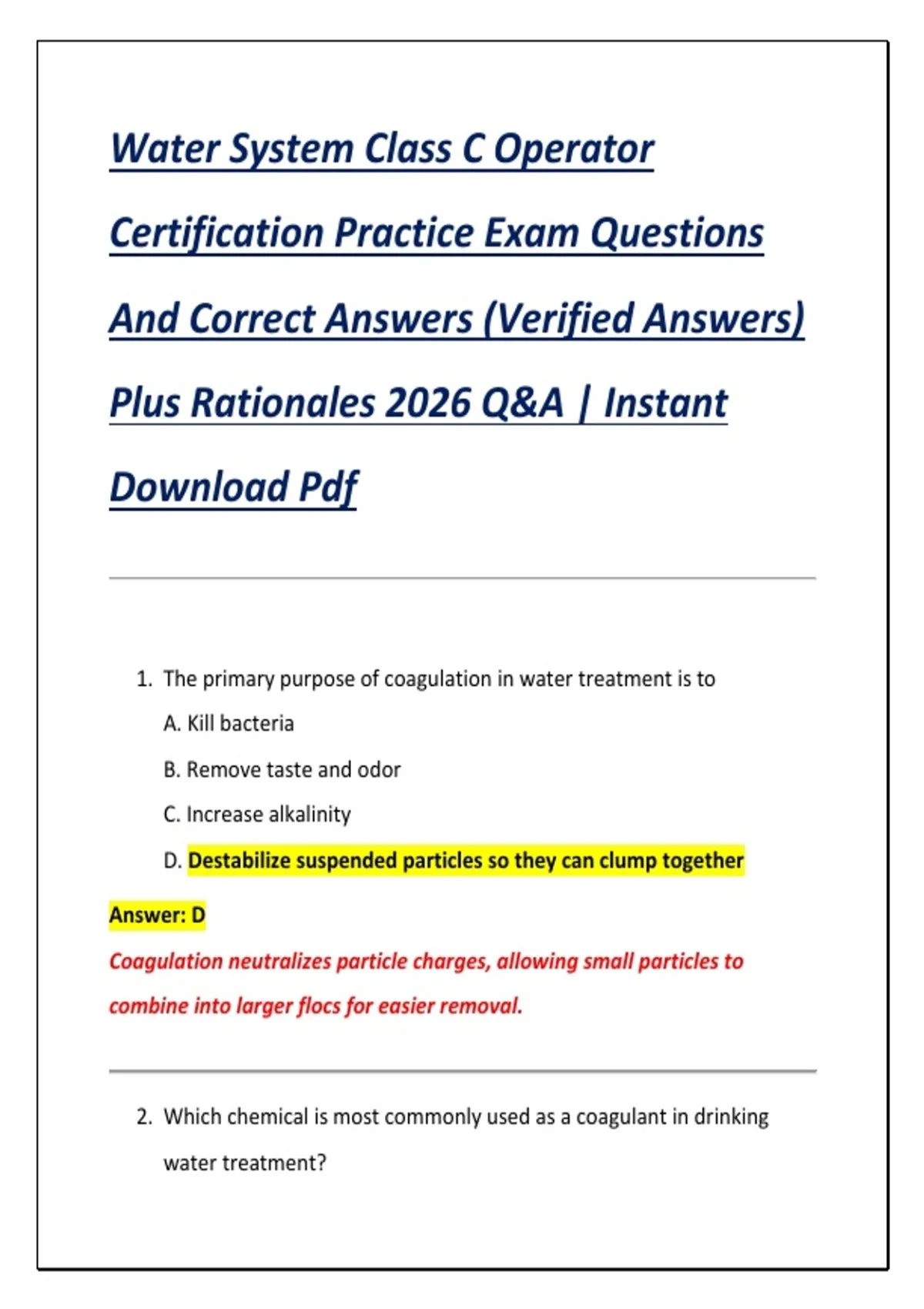 Water System Class C Operator Certification Practice Exam Questions And ...