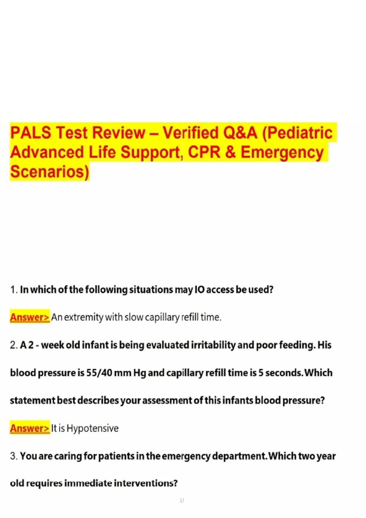PALS Test Review – Verified Q&A (Pediatric Advanced Life Support, CPR ...