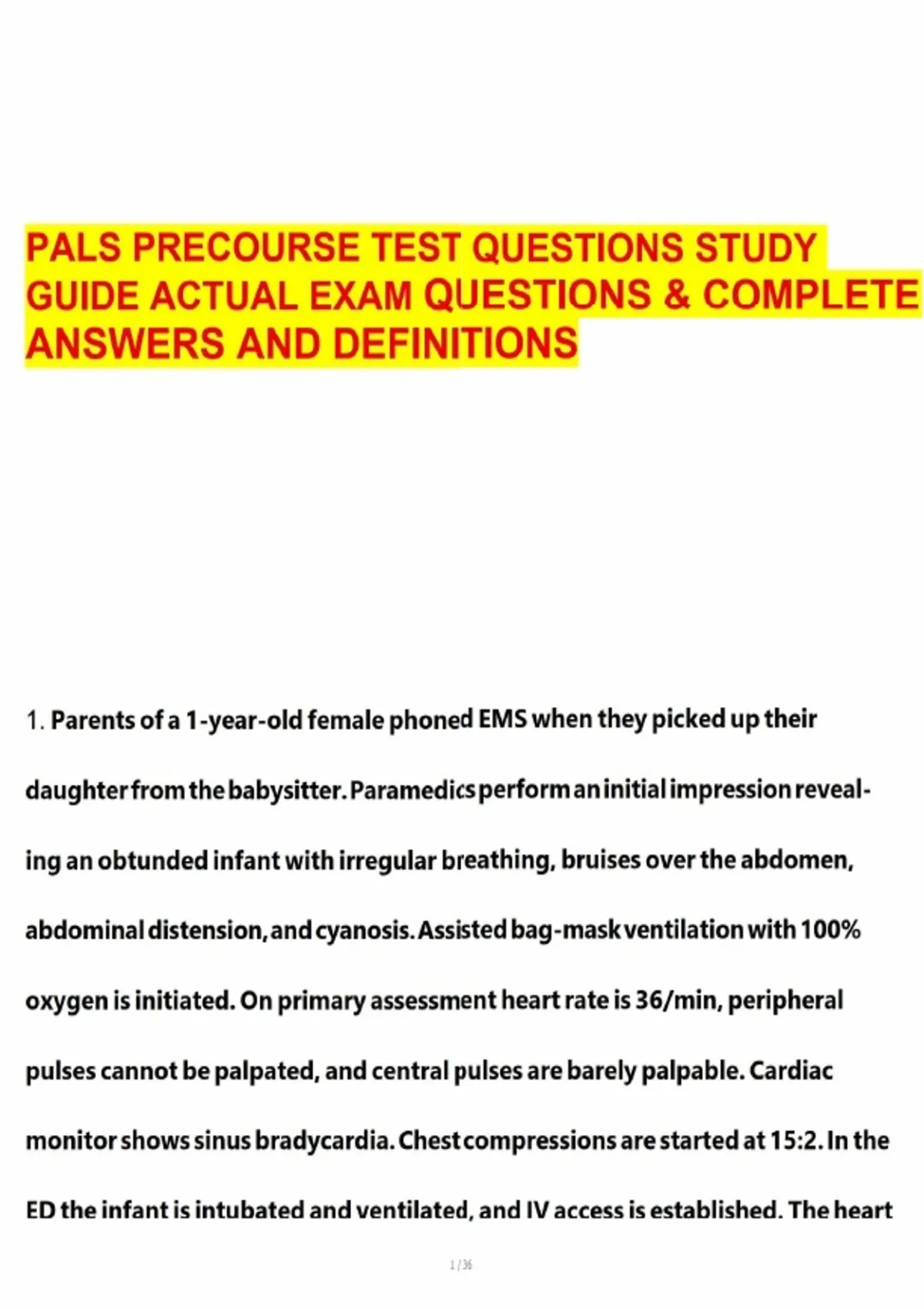 PALS PRECOURSE TEST QUESTIONS STUDY GUIDE ACTUAL EXAM QUESTIONS ...