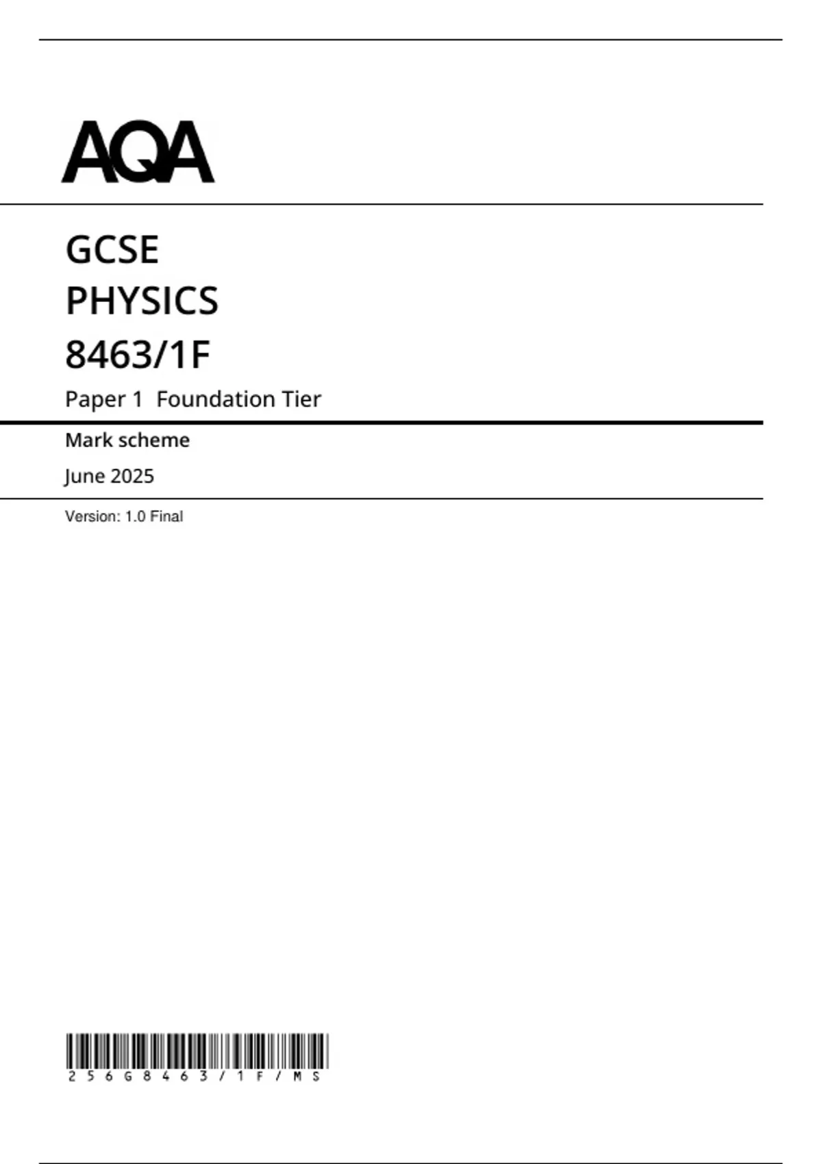 2025 GCSE AQA PHYSICS PAPER 1 FOUNDATION TIER MARK SCHEME - PHYSICS ...
