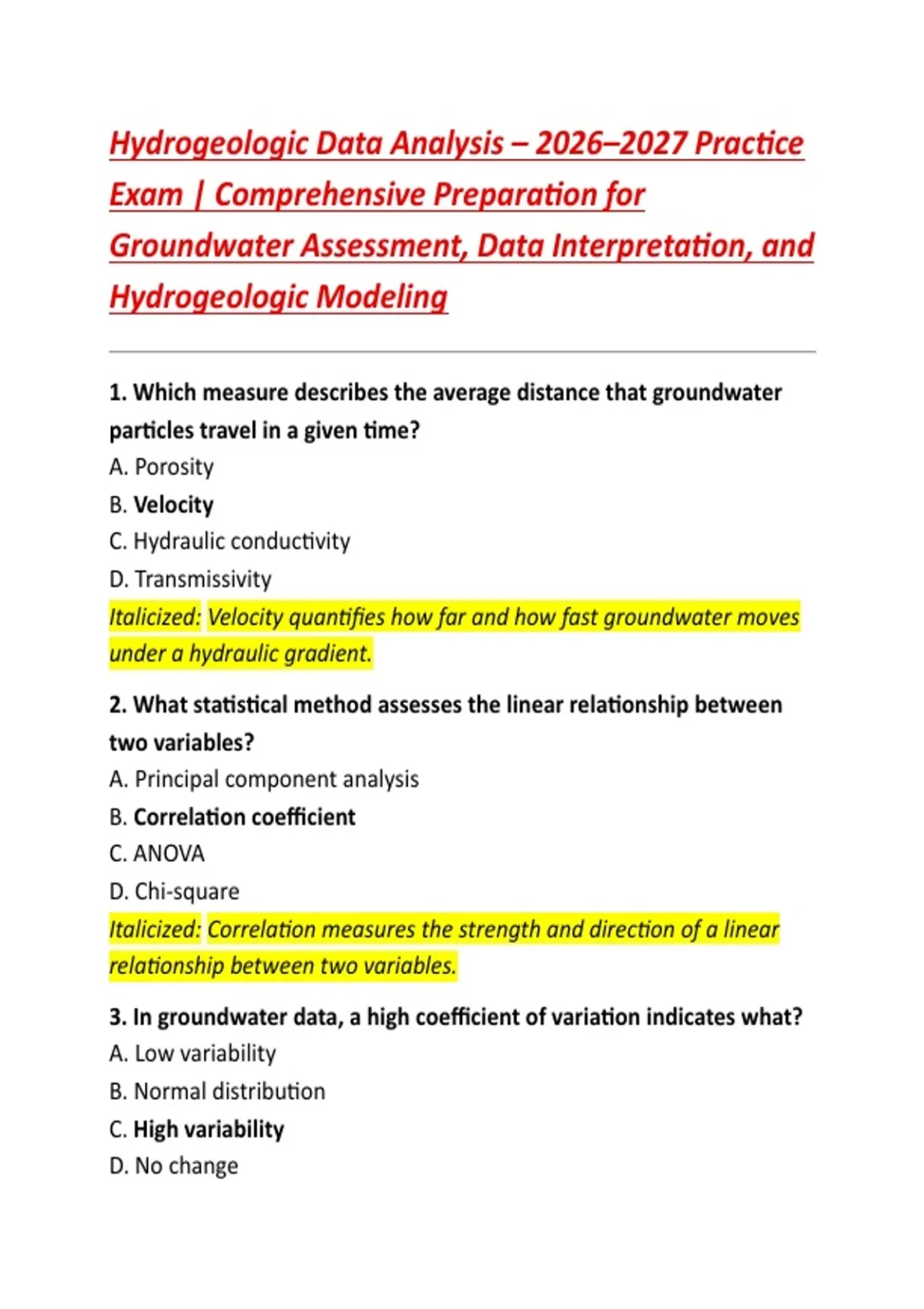 Hydrogeologic Data Analysis – 2026–2027 Practice Exam | Comprehensive ...