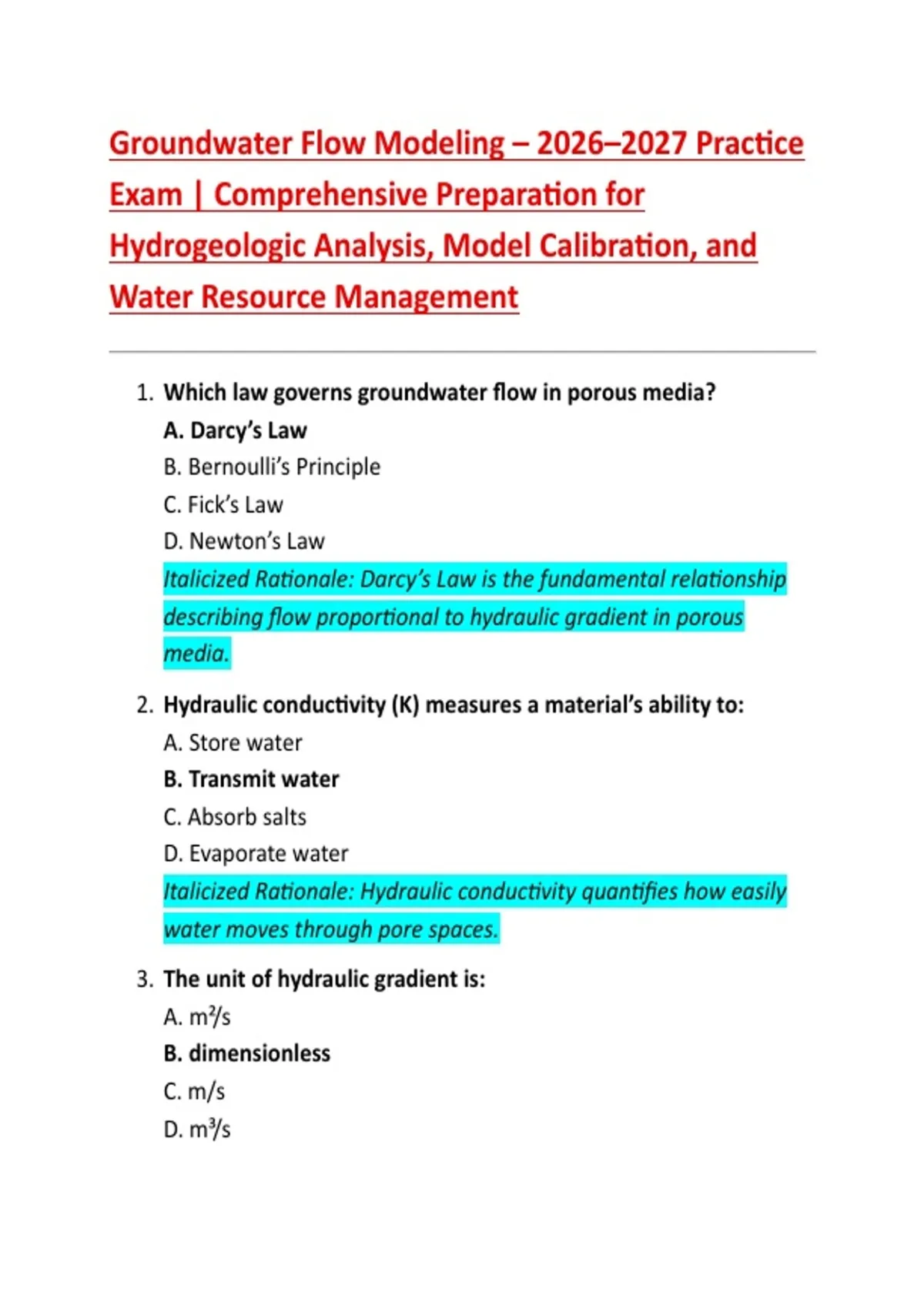 Groundwater Flow Modeling – 2026–2027 Practice Exam | Comprehensive ...