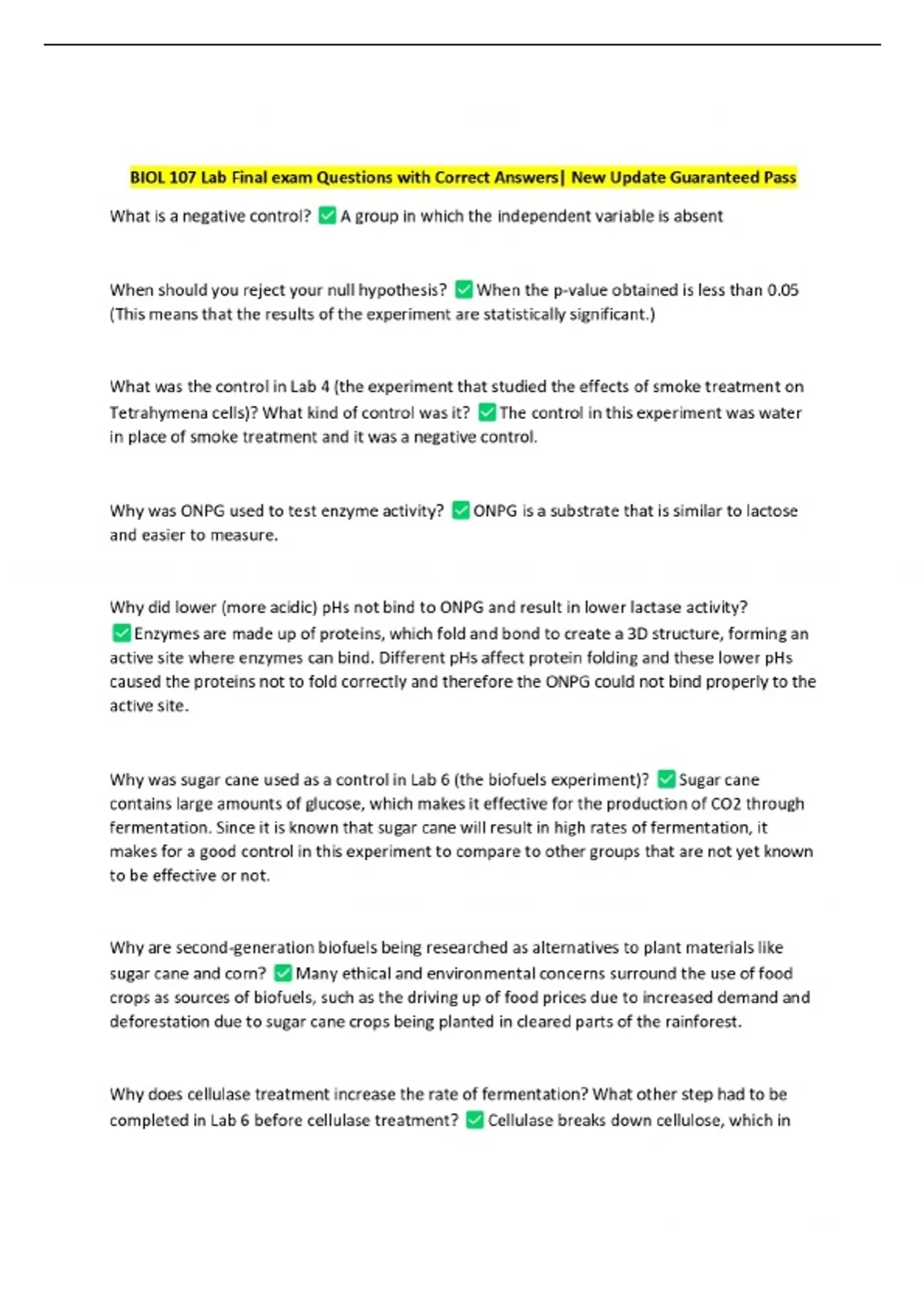 Biol 107 Lab Final Exam Questions With Correct Answers New Update