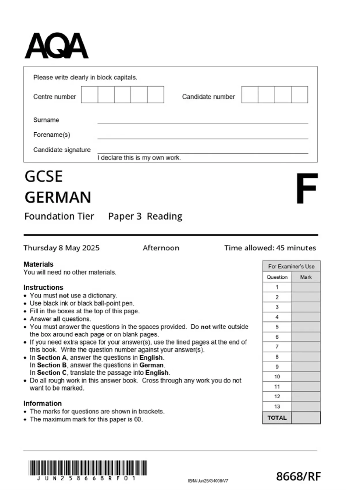Actual 2025 AQA GCSE GERMAN 8668/RF Paper 3 Reading Foundation Question ...