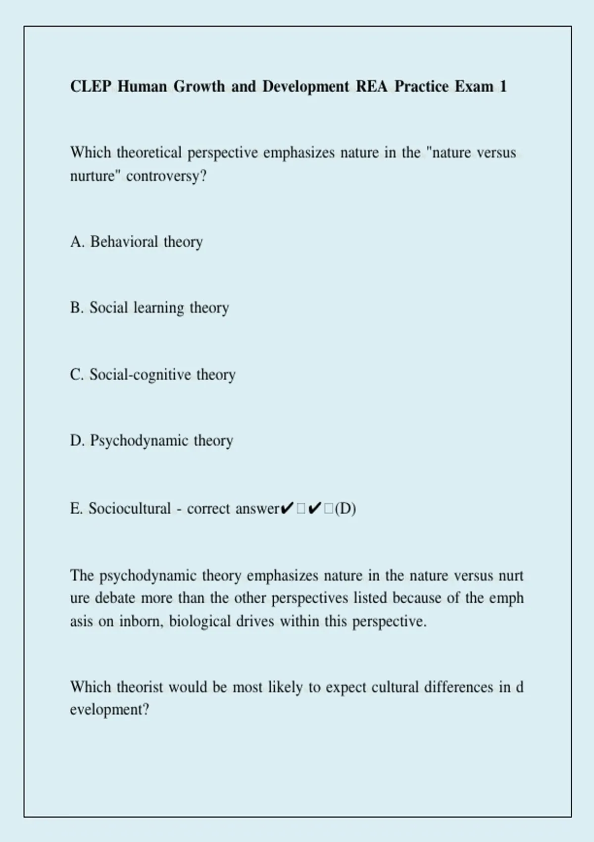 CLEP Human Growth and Development – REA Practice Exam 1 | Comprehensive ...