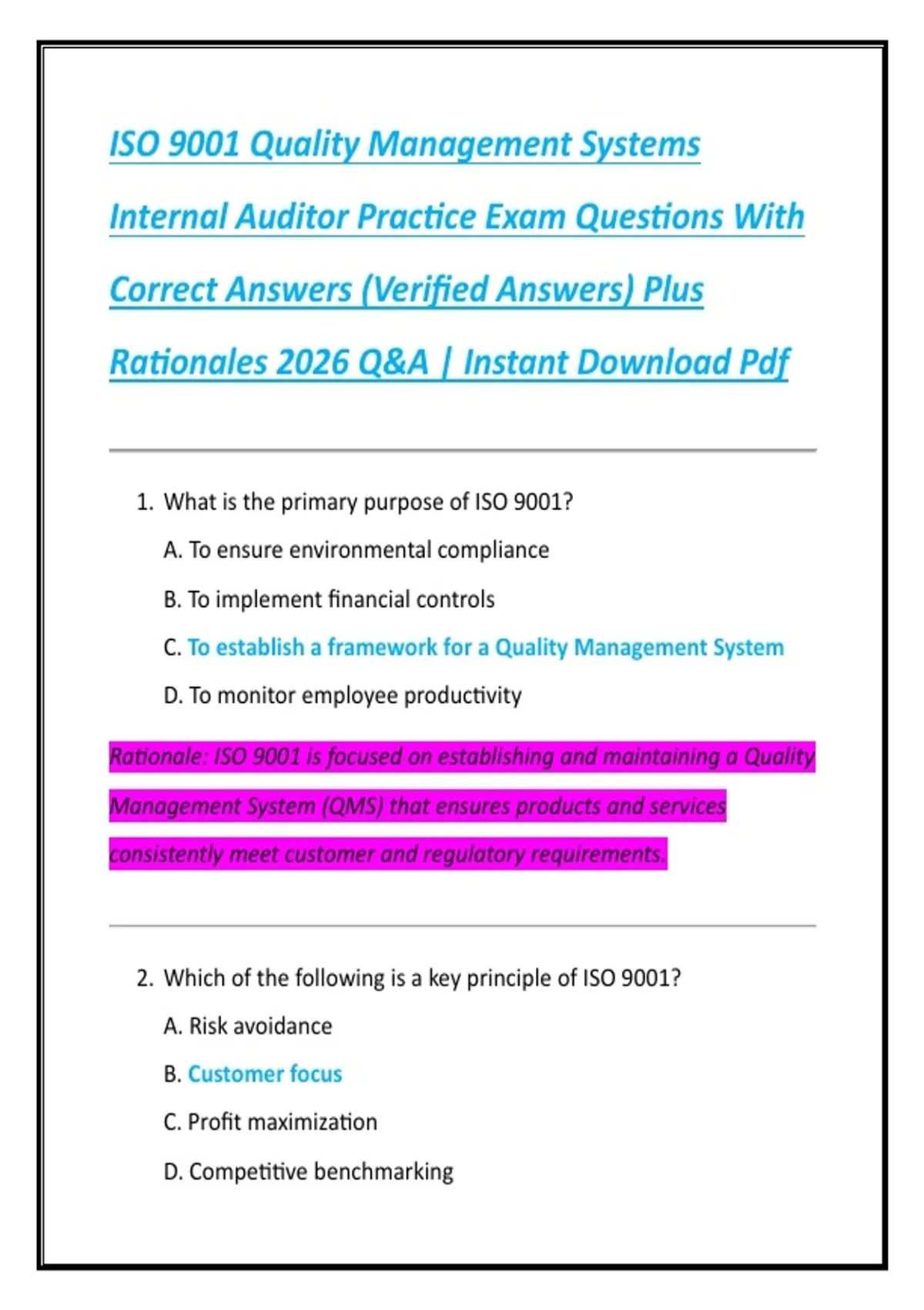 ISO 9001 Quality Management Systems Internal Auditor Practice Exam ...