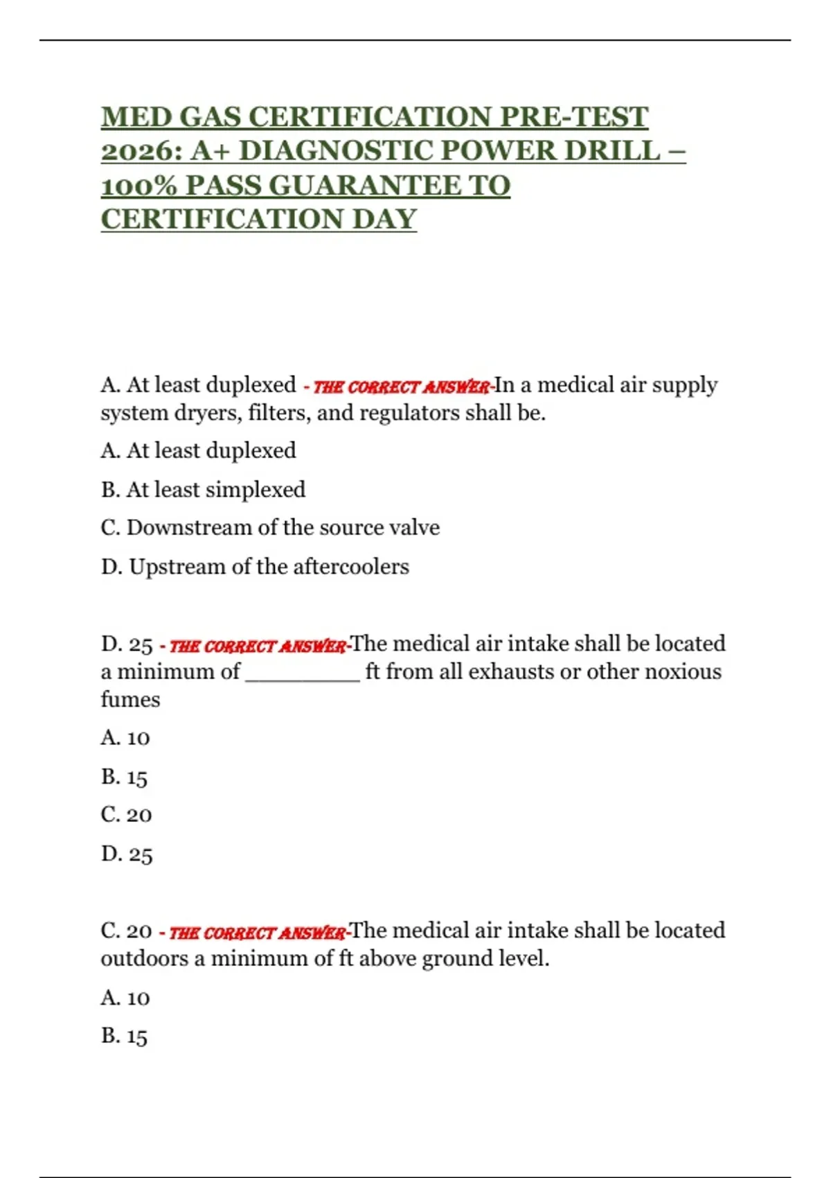 MED GAS CERTIFICATION PRE-TEST 2026: A+ DIAGNOSTIC POWER DRILL – 100% ...