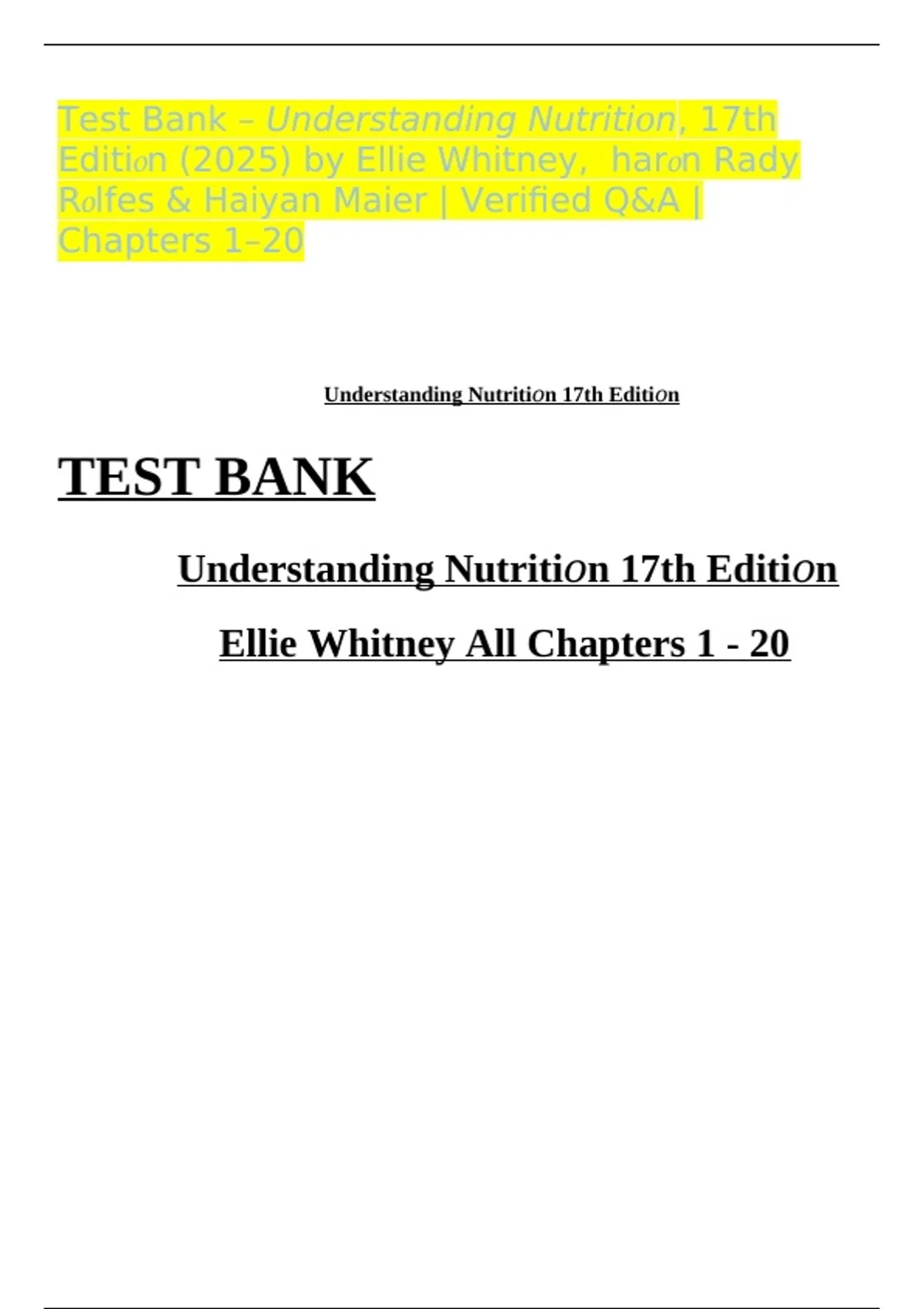 Test Bank for Understanding Nutrition 17th Edition (Ellie Whitney ...