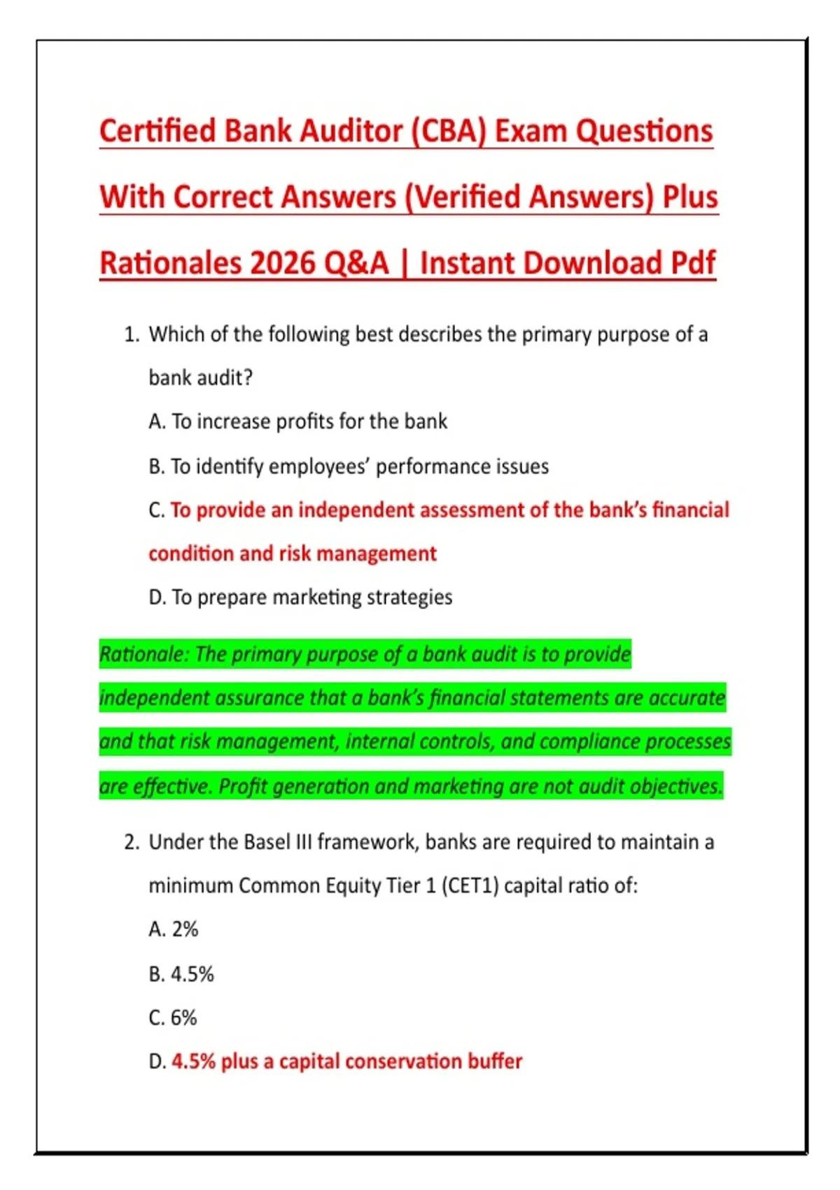 Certified Bank Auditor (CBA) Exam Questions With Correct Answers ...