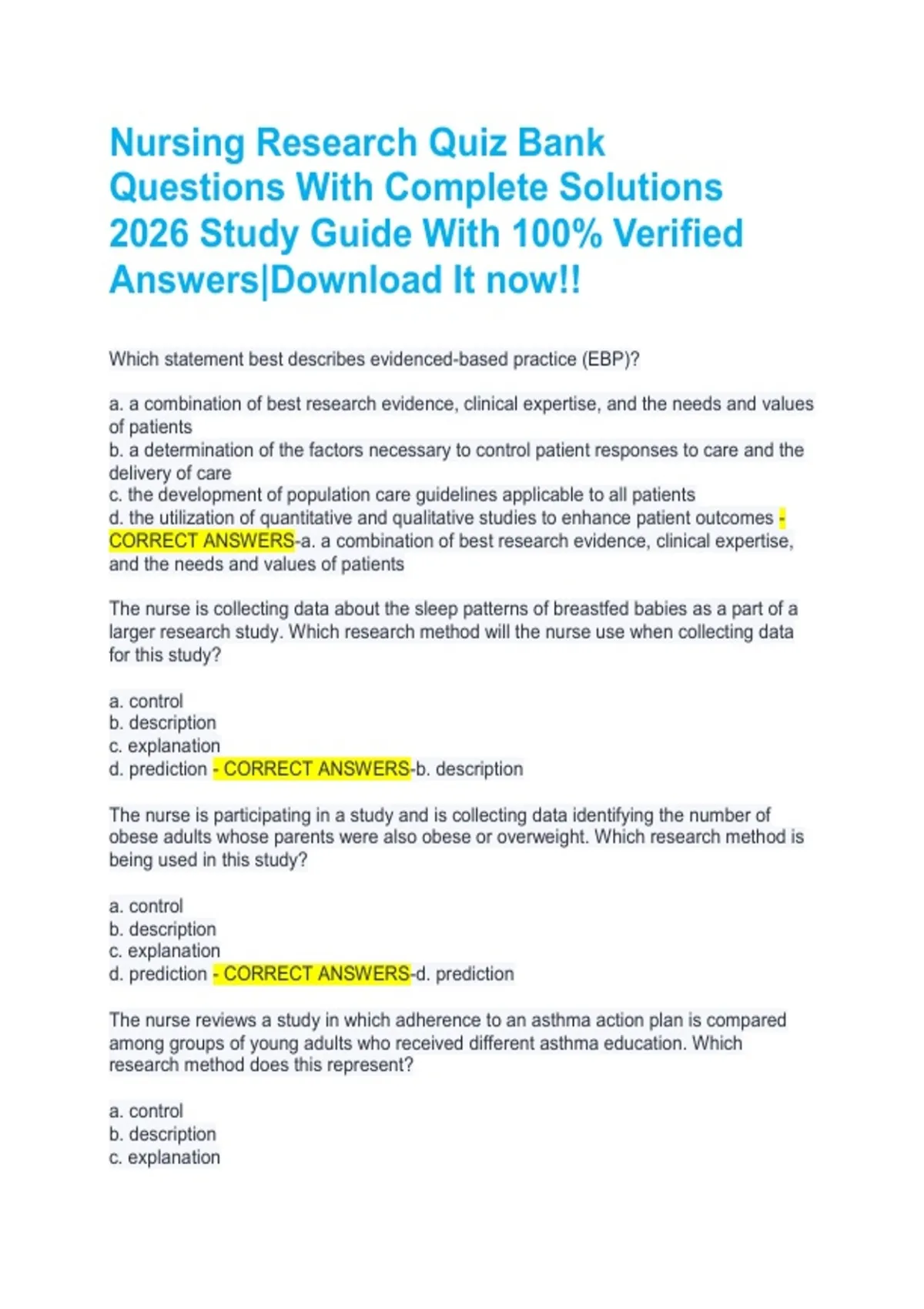 Nursing Research Quiz Bank 2026: 1000+ Exam Questions with Complete ...