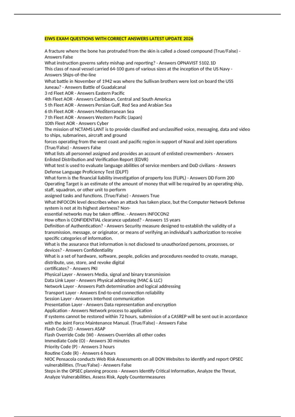 EIWS EXAM QUESTIONS WITH CORRECT ANSWERS LATEST UPDATE 2026 - EIWS ...