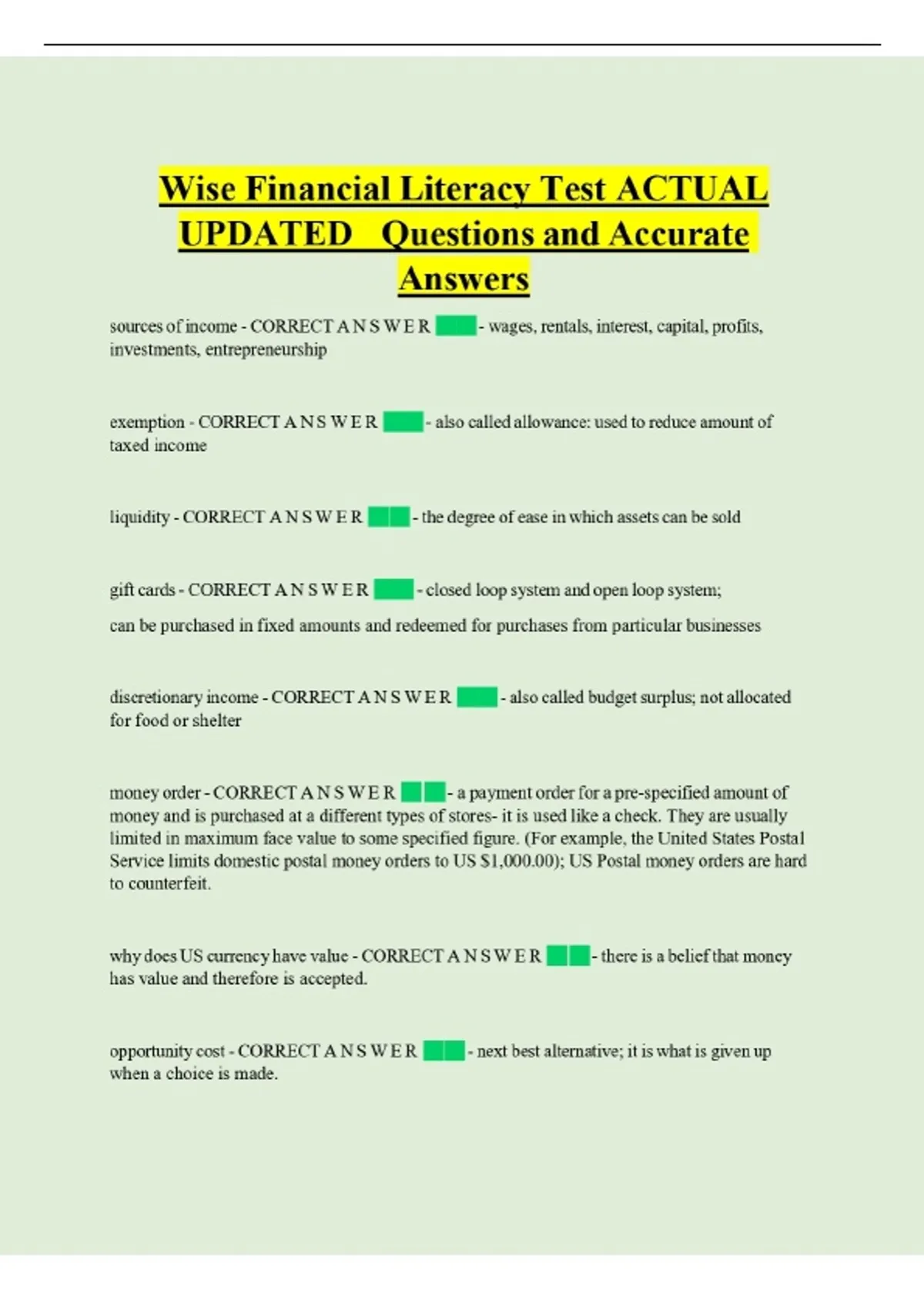 Wise Financial Literacy Test ACTUAL UPDATED Questions and Accurate ...