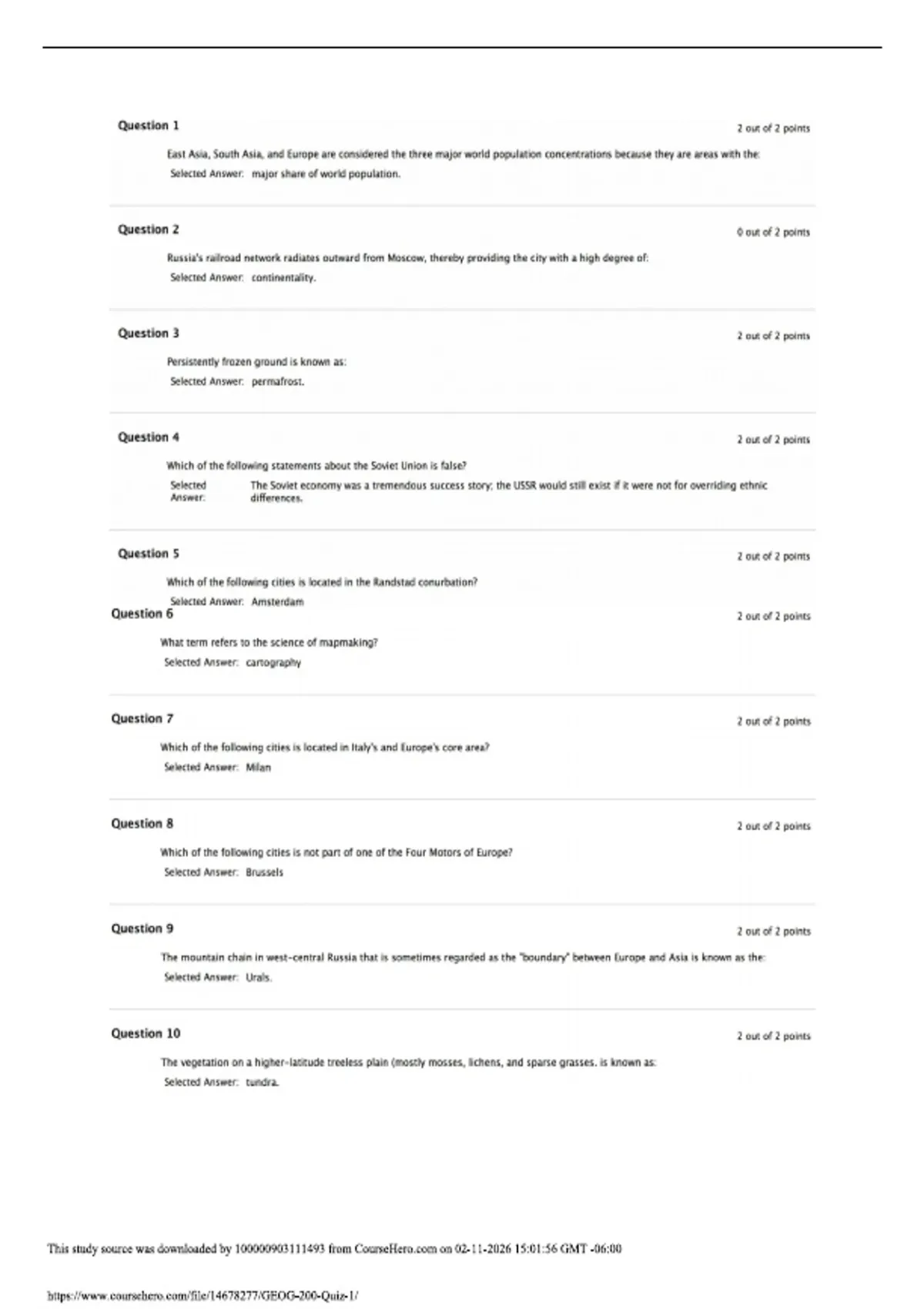 GEOG 200 Quiz 1 with complete solution | RATED A+ | UPDATED 2026/2027 ...