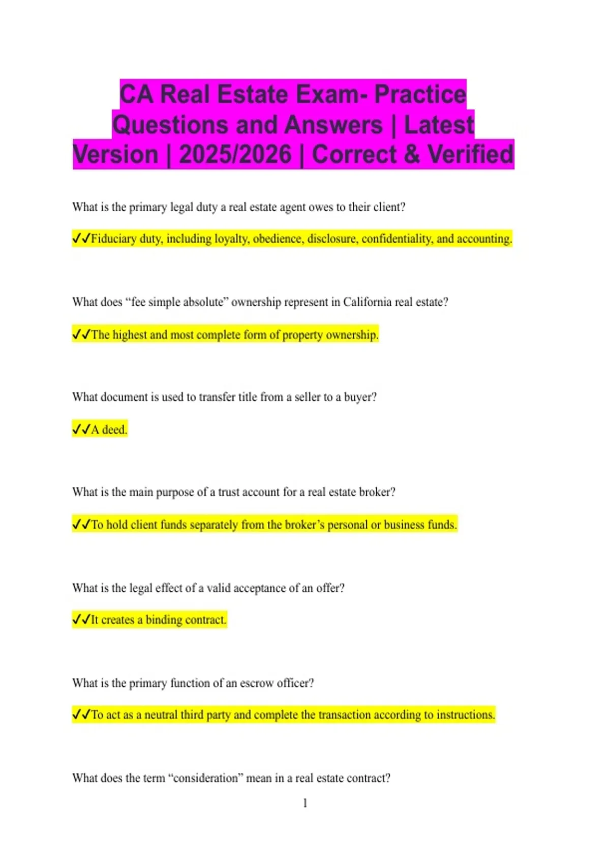 CA Real Estate Exam- Practice Questions and Answers | Latest Version ...